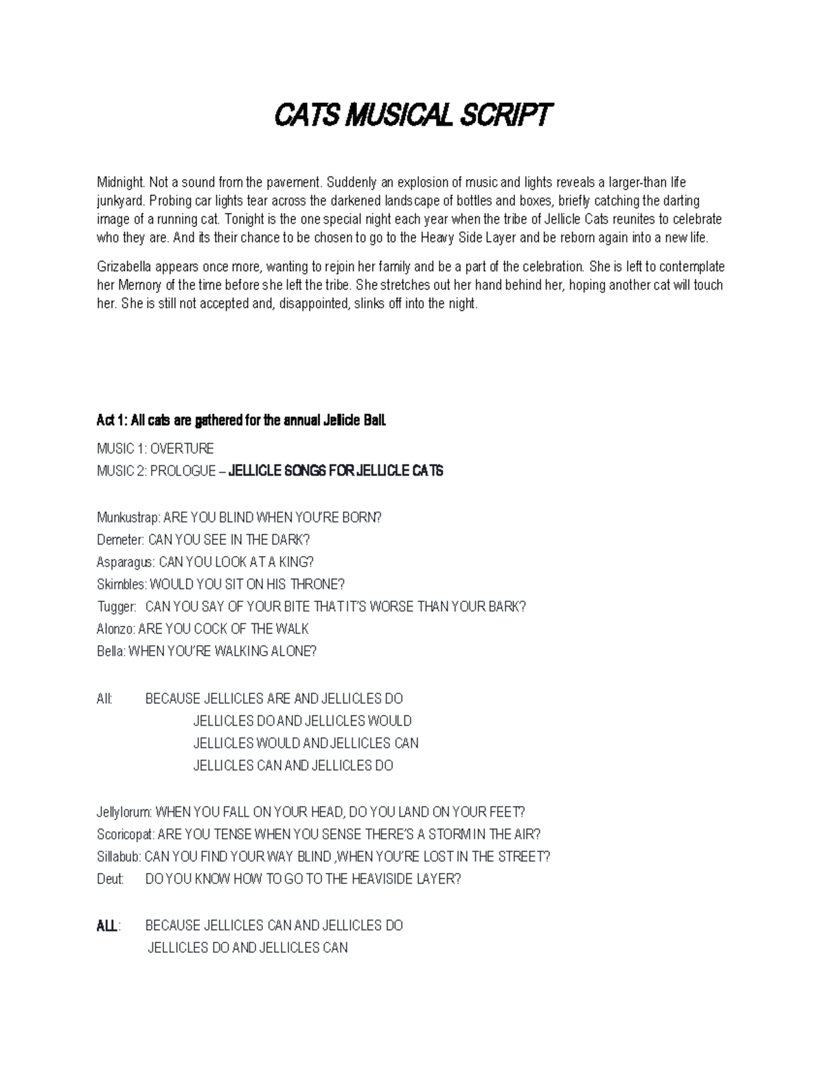 Cats - book about catd - CATS MUSICAL SCRIPT Midnight. Not a sound from ...