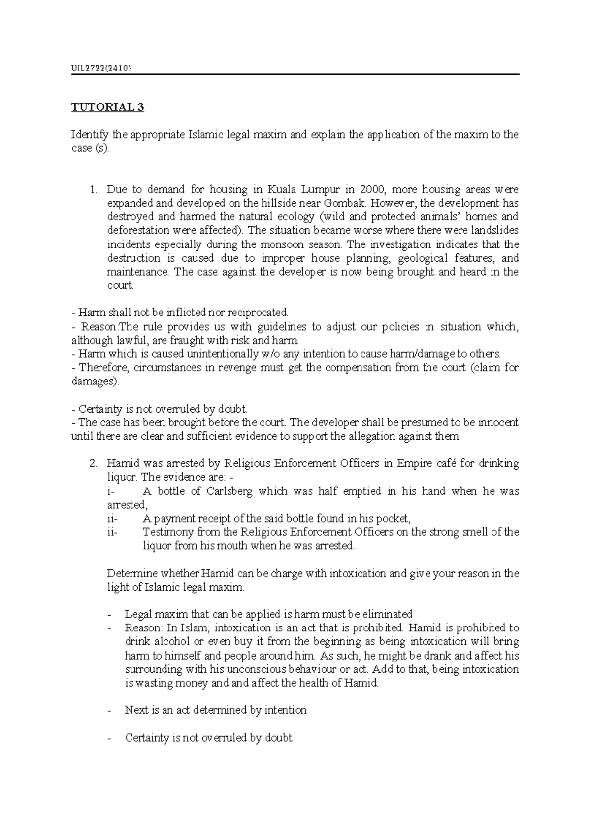 Tutorial 3 - for reference - UIL2722(2410) TUTORIAL 3 Identify the appropriate Islamic legal ...