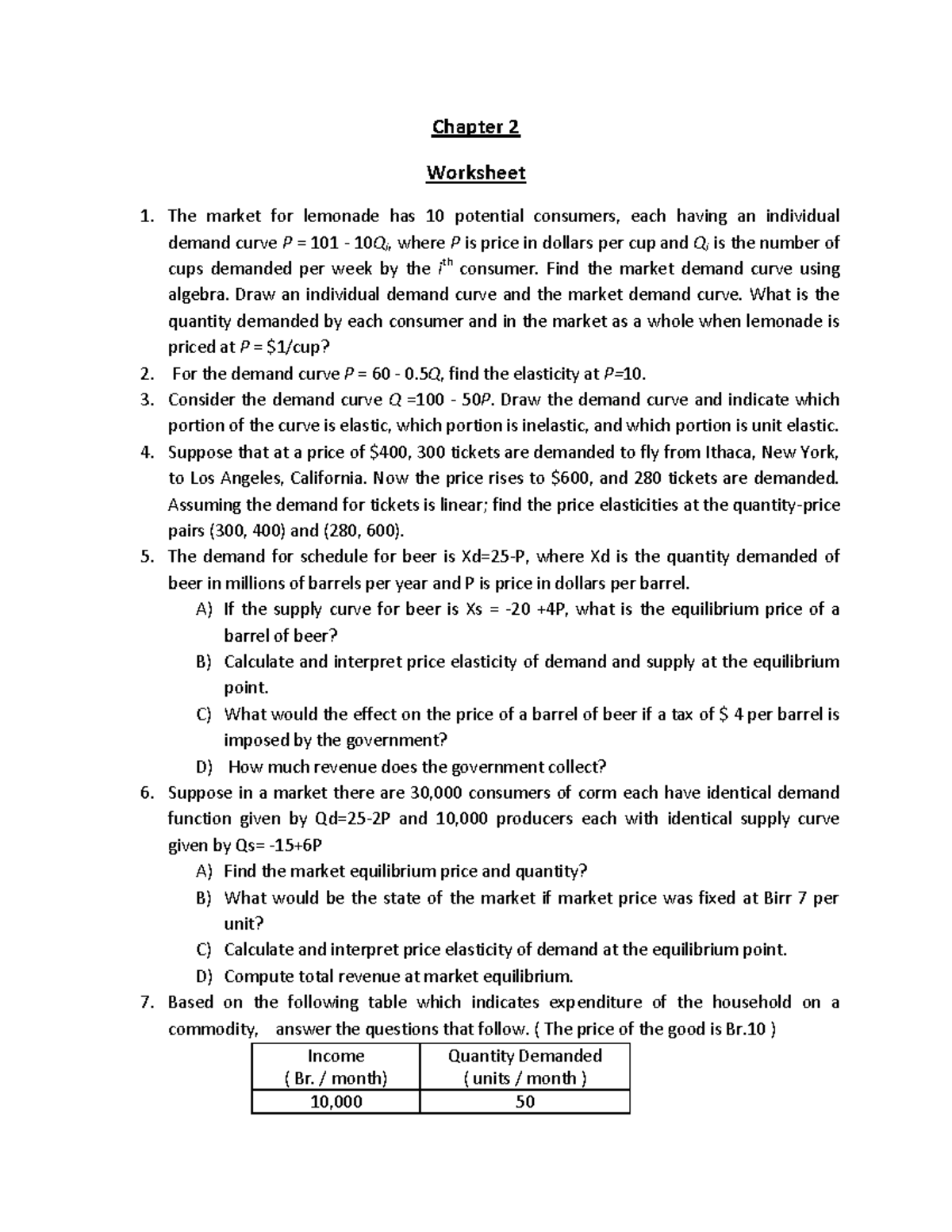 Worksheet Ch 2 - maths - Chapter 2 Worksheet The market for lemonade has 10 potential consumers ...