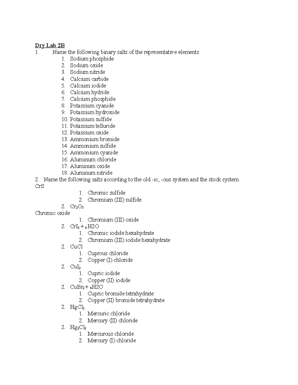 Chem Dry Lab - Practice materials - Dry Lab 2B Name the following ...
