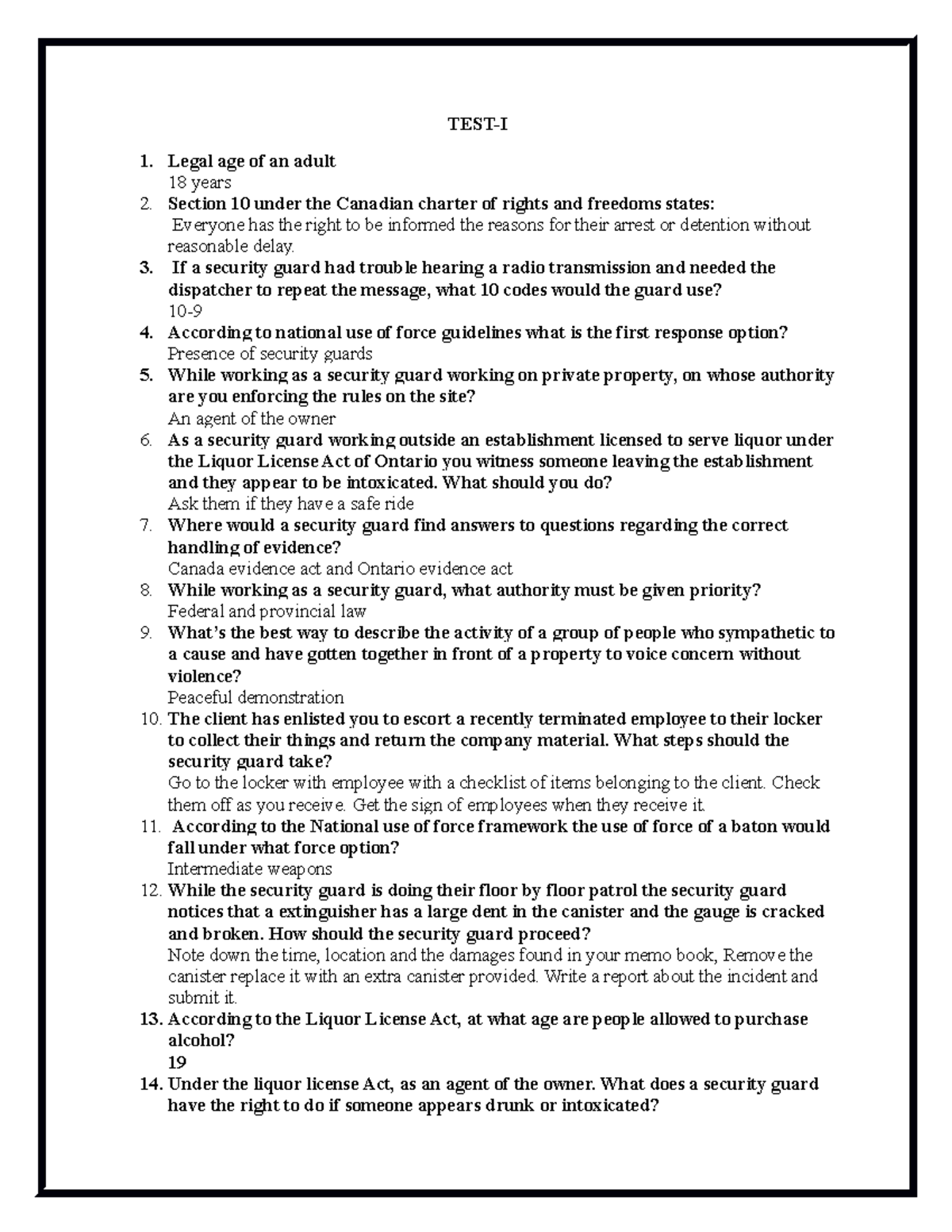 Security Exam Notes TEST I 1 Legal Age Of An Adult 18 Years 2