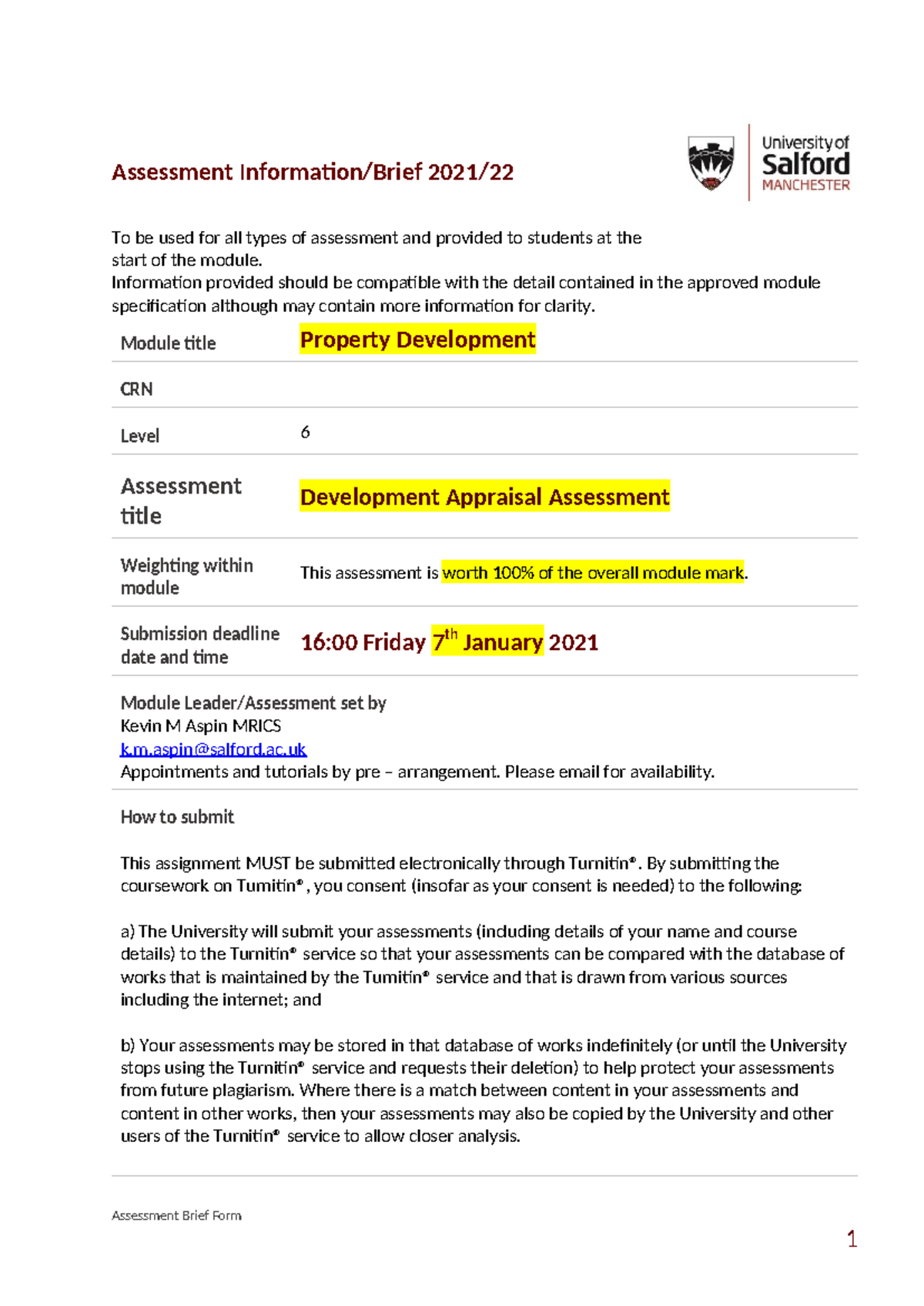 Property Deve Coursework - Assessment Information/Brief 2021/ To be ...