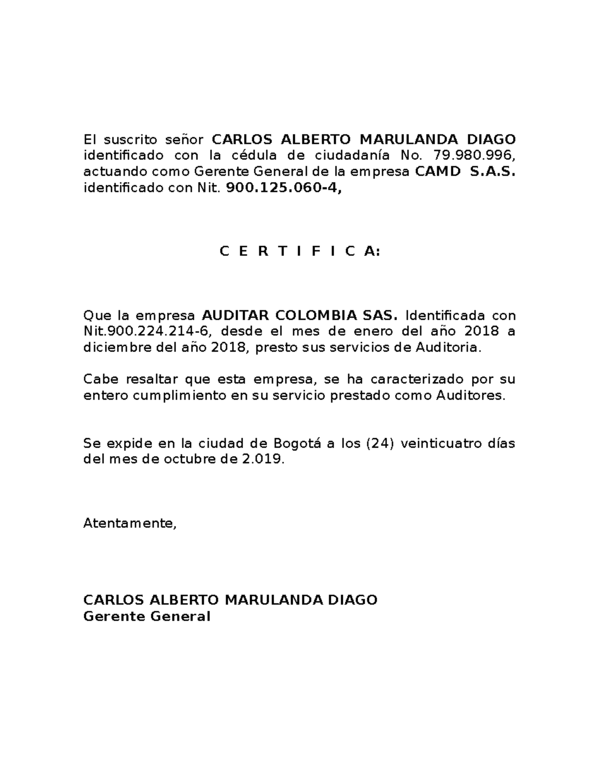 Certificación CAMD - lo mejor - El suscrito señor CARLOS ALBERTO ...