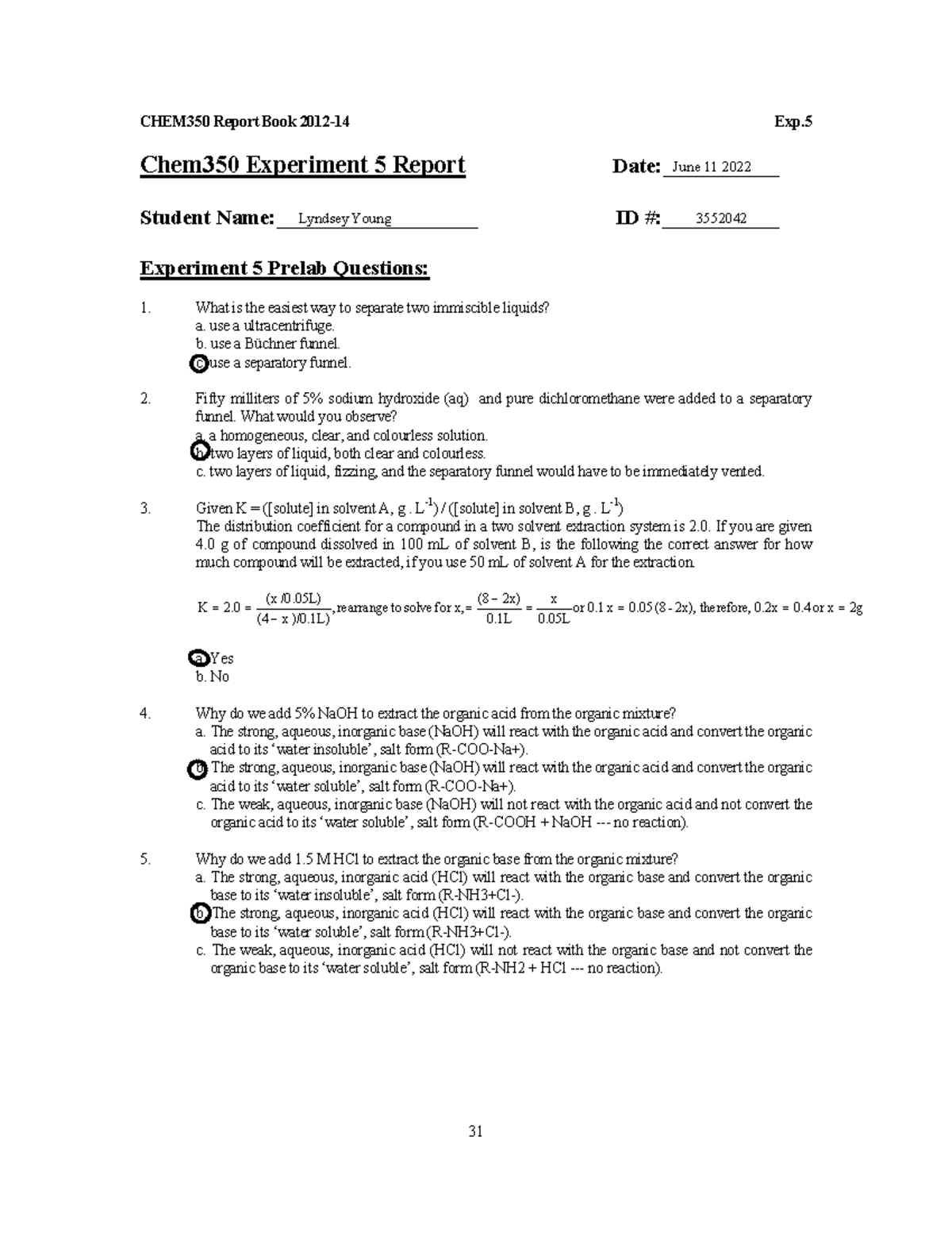 EXPI 5 LR OP - Chem 350 experiment 5 lab - CHEM350 Report Book 2012-14 ...