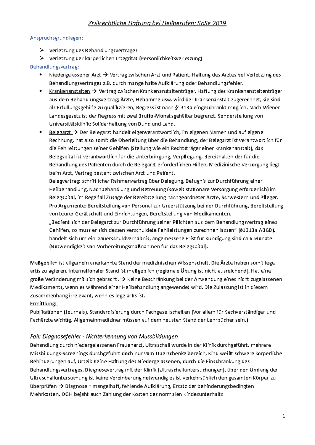 Zusammenfassung - Zivilrechtliche Haftung bei Heilberufen; SoSe 2019 ...