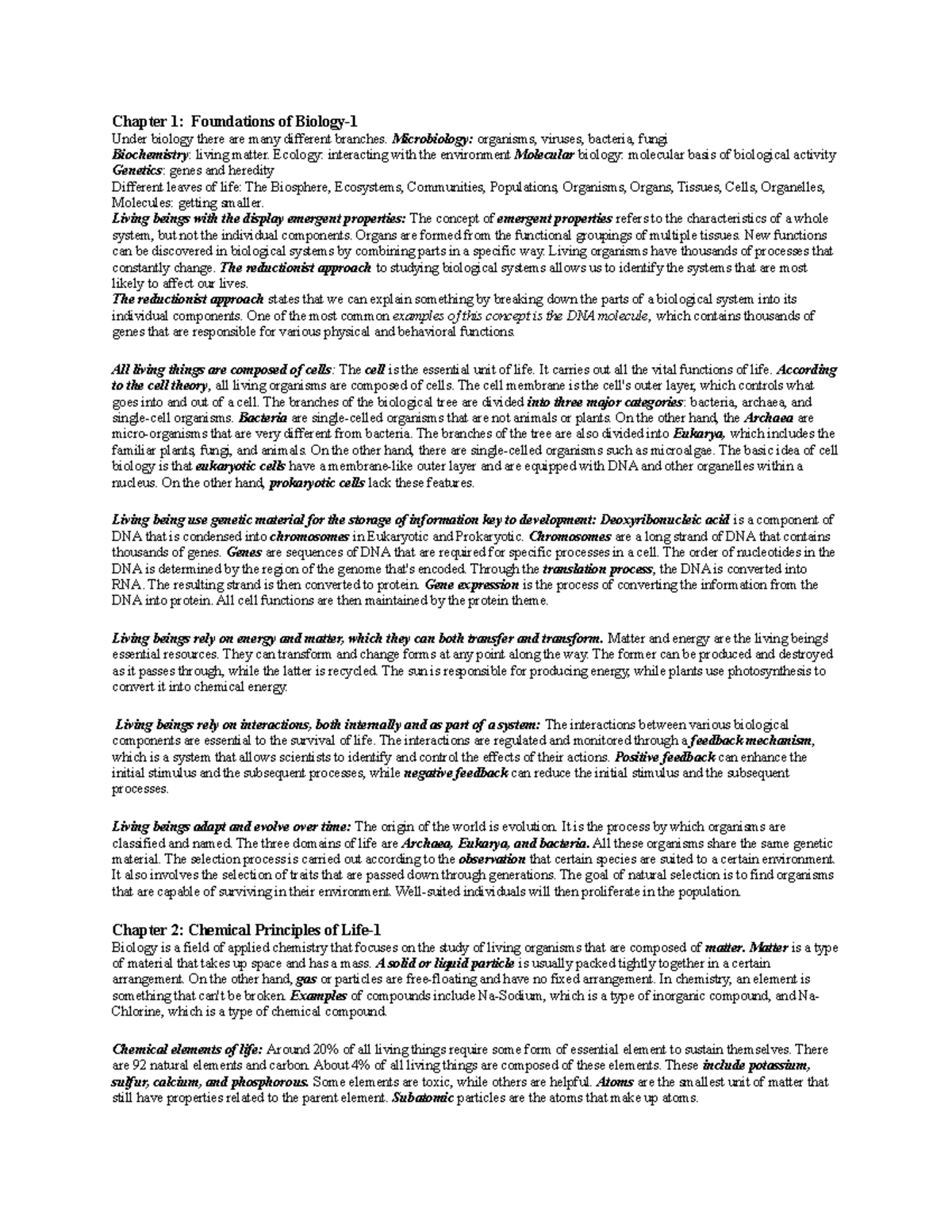 Bio chapter 1-5 - Chapter 1: Foundations of Biology- Under biology ...