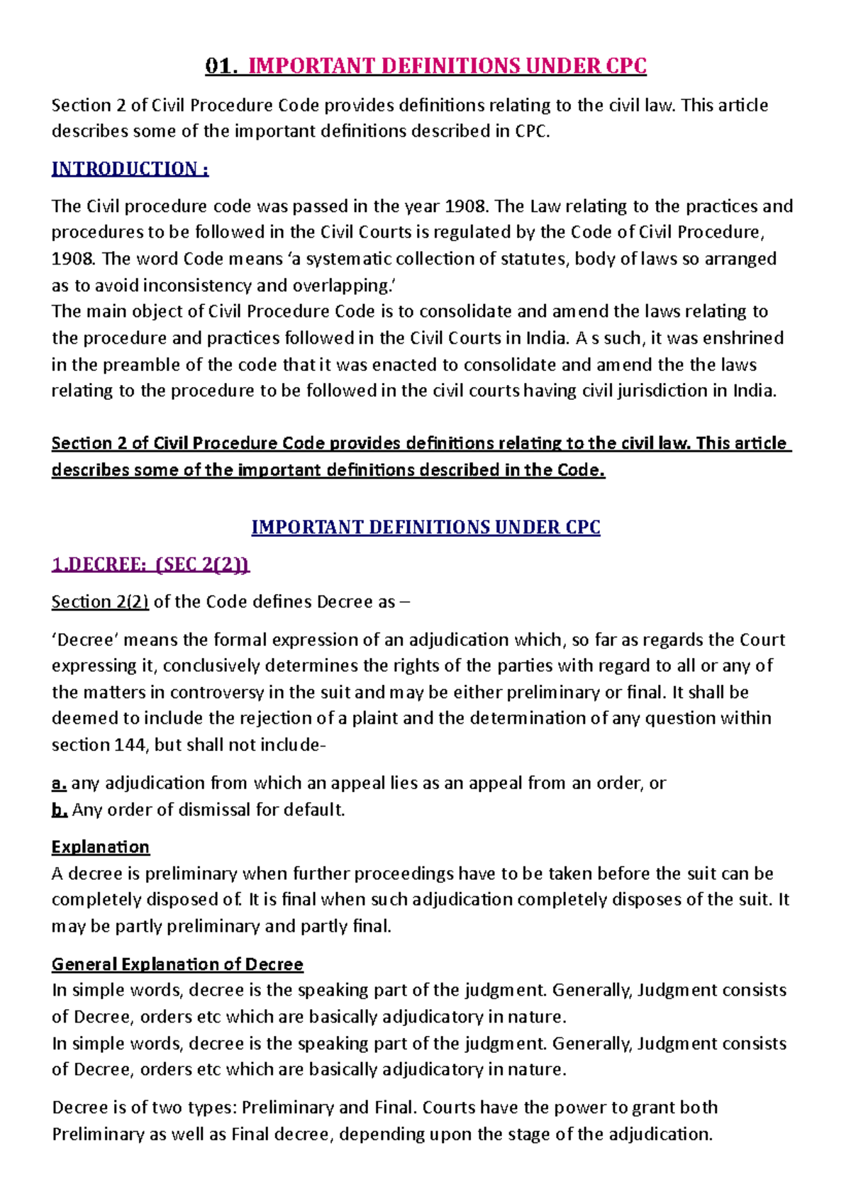 CPC - Definitions From previous year papers - 01. IMPORTANT DEFINITIONS UNDER CPC Section 2 of ...