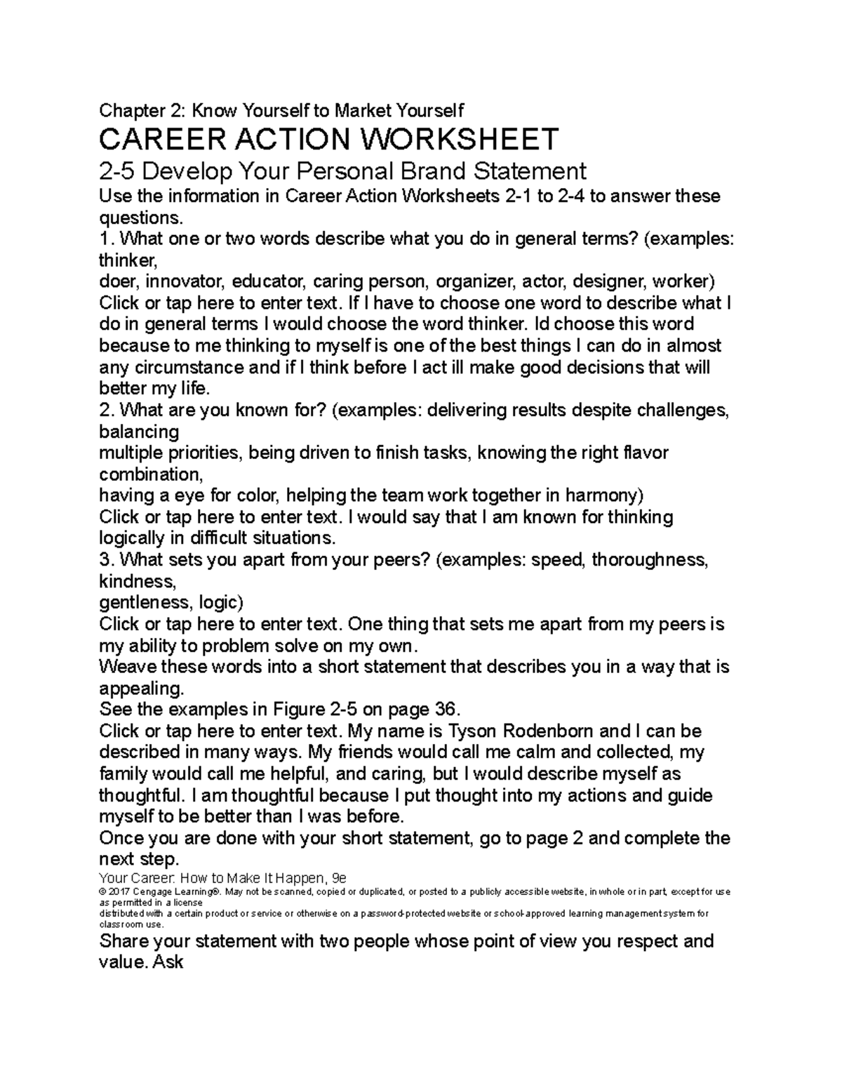 Career action plan 2-5 - n/a - Chapter 2: Know Yourself to Market ...