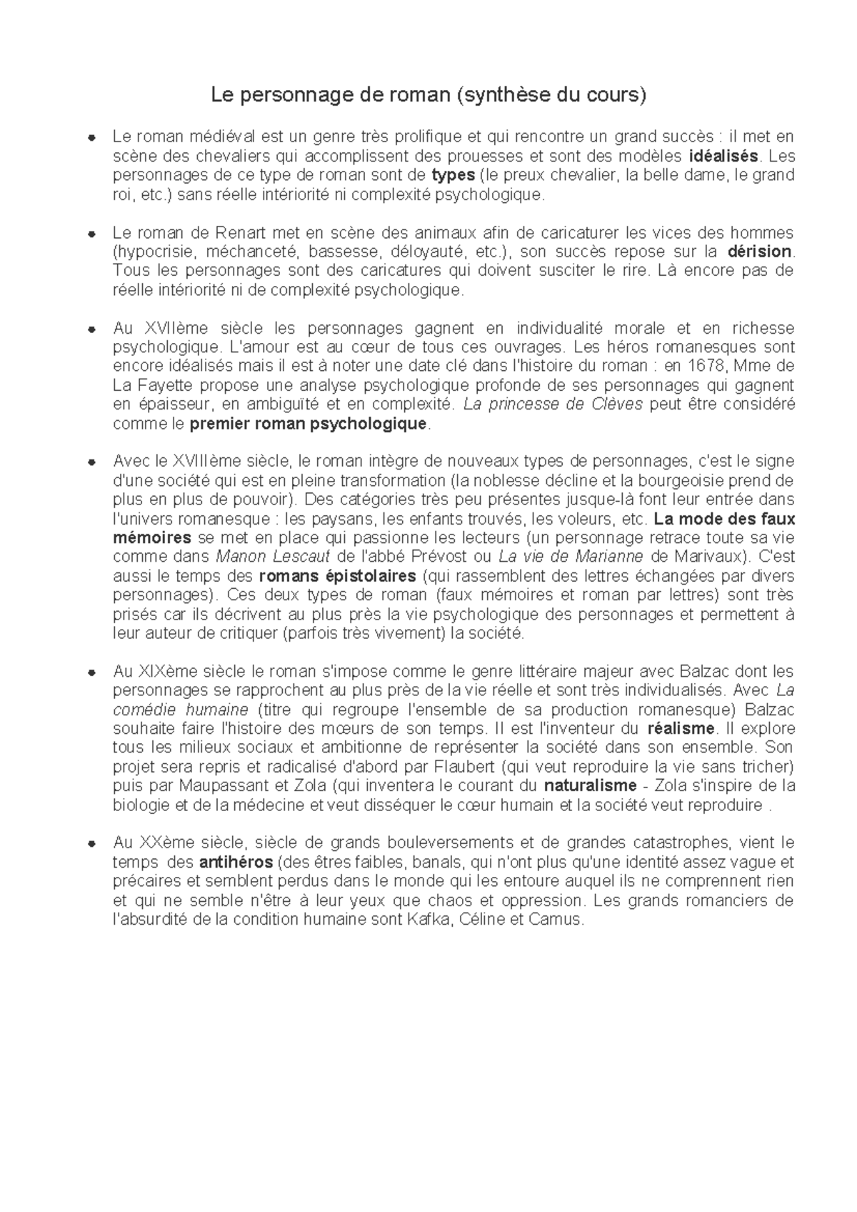Le personnage de roman (synthèse du cours) - Les personnages de ce type ...
