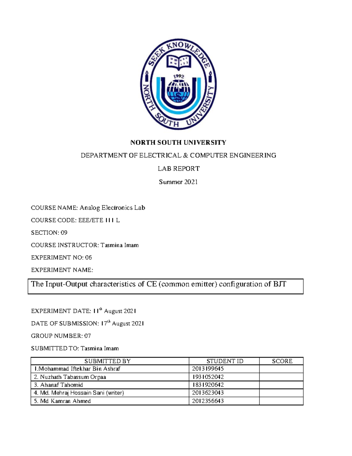 Lab report 05 - hi - NORTH SOUTH UNIVERSITY DEPARTMENT OF ELECTRICAL & COMPUTER ENGINEERING LAB ...