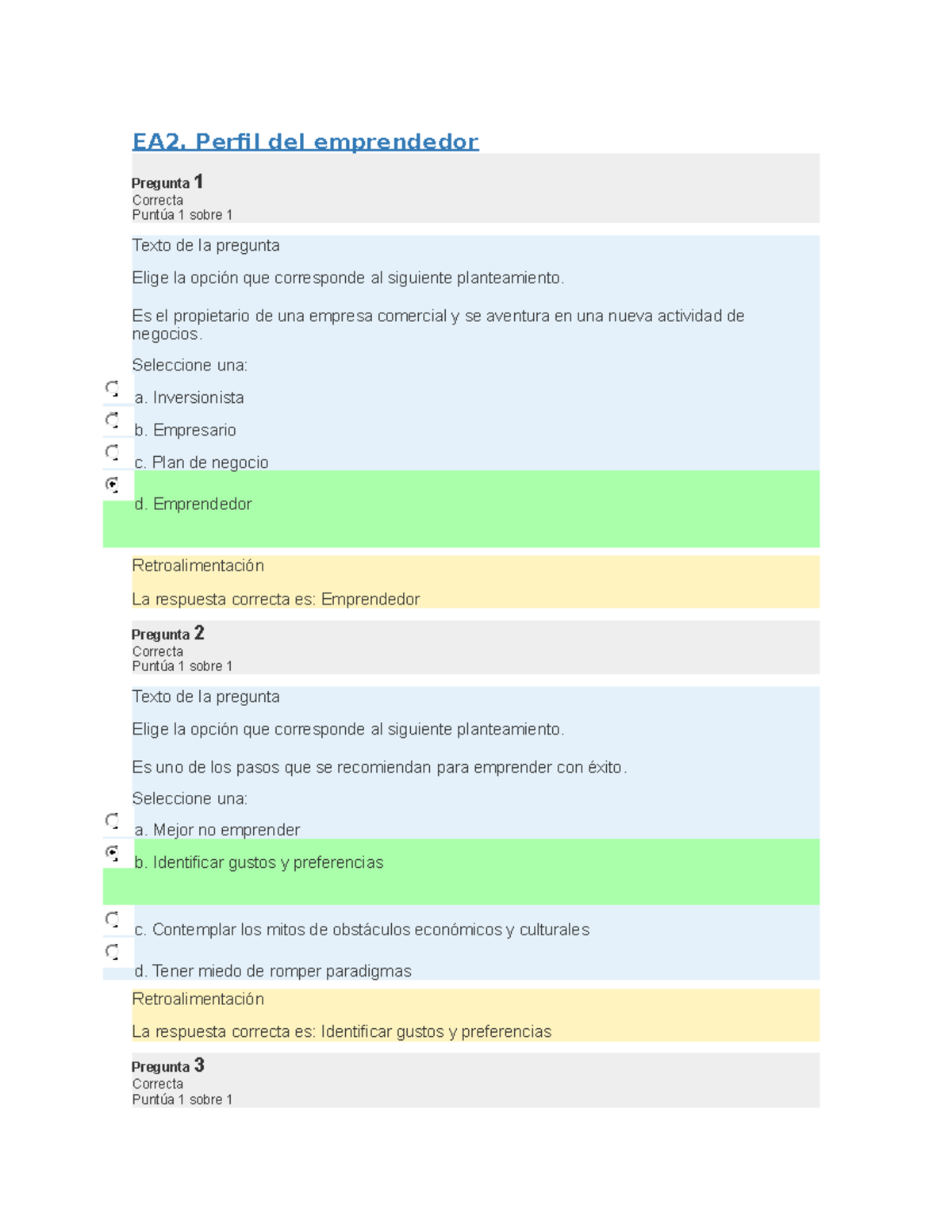 EA2. Perfil del emprendedor Examen - EA2. Perfil del emprendedor ...
