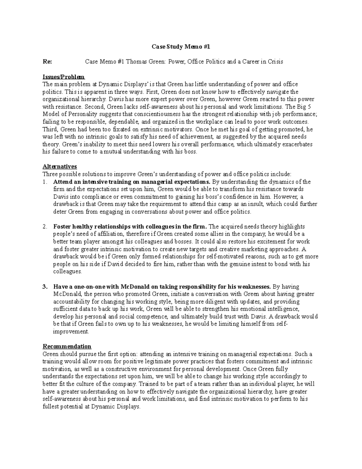 BUAD304 Case Study Memo 1 - Case Study Memo # Re: Case Memo #1 Thomas ...