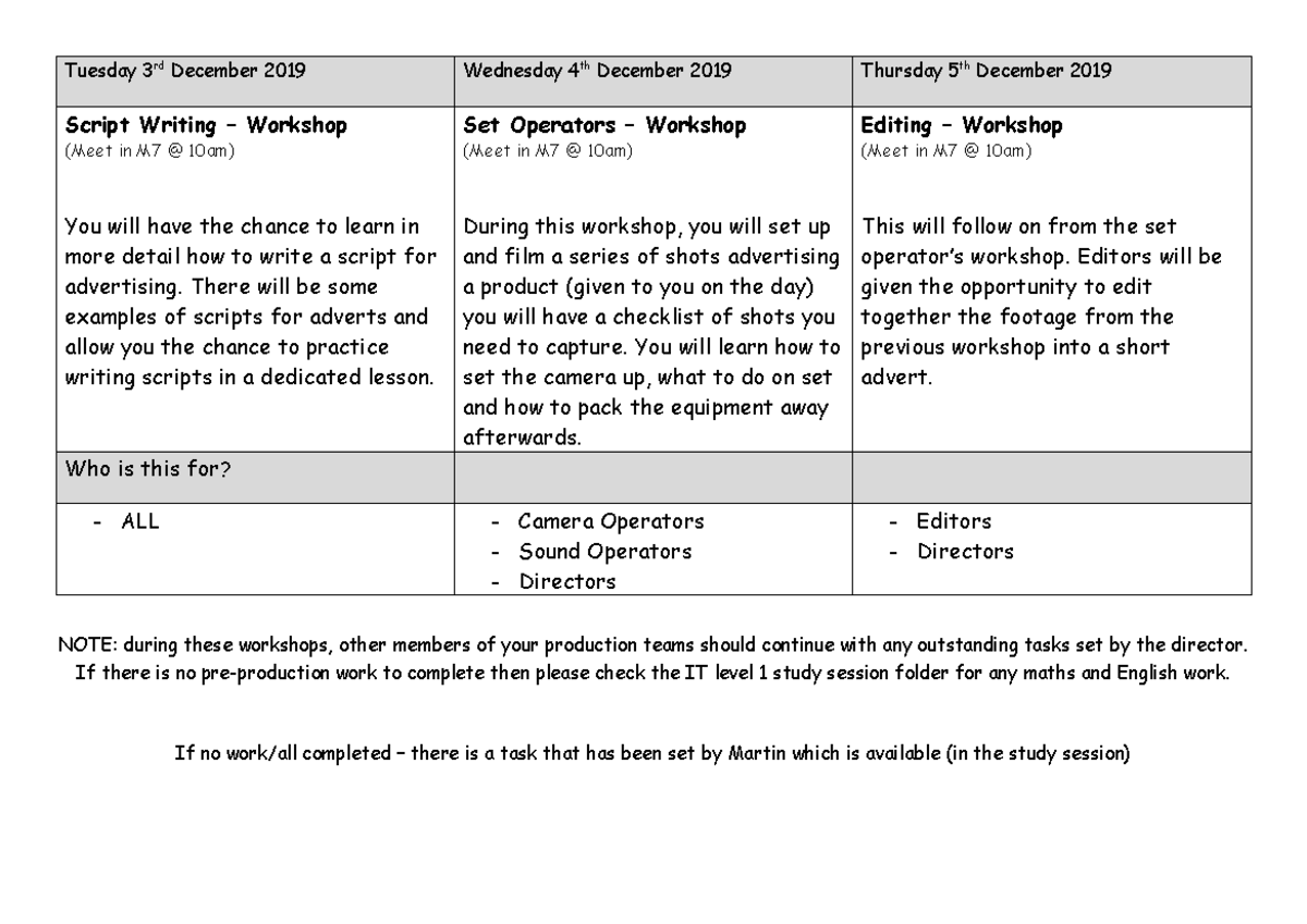 Workshops for media - abc - Tuesday 3rd December 2019 Wednesday 4th ...