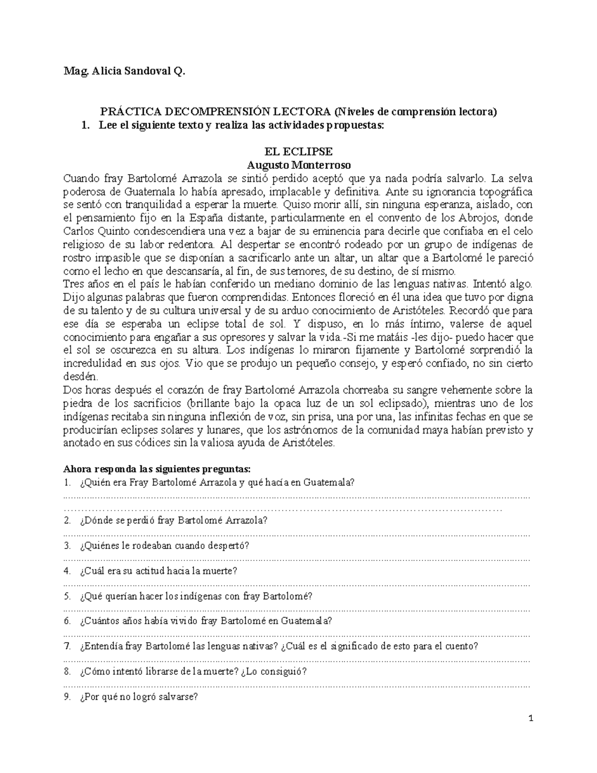 Lectura El eclipse - Mag. Alicia Sandoval Q. PRÁCTICA DECOMPRENSIÓN LECTORA (Niveles de ...