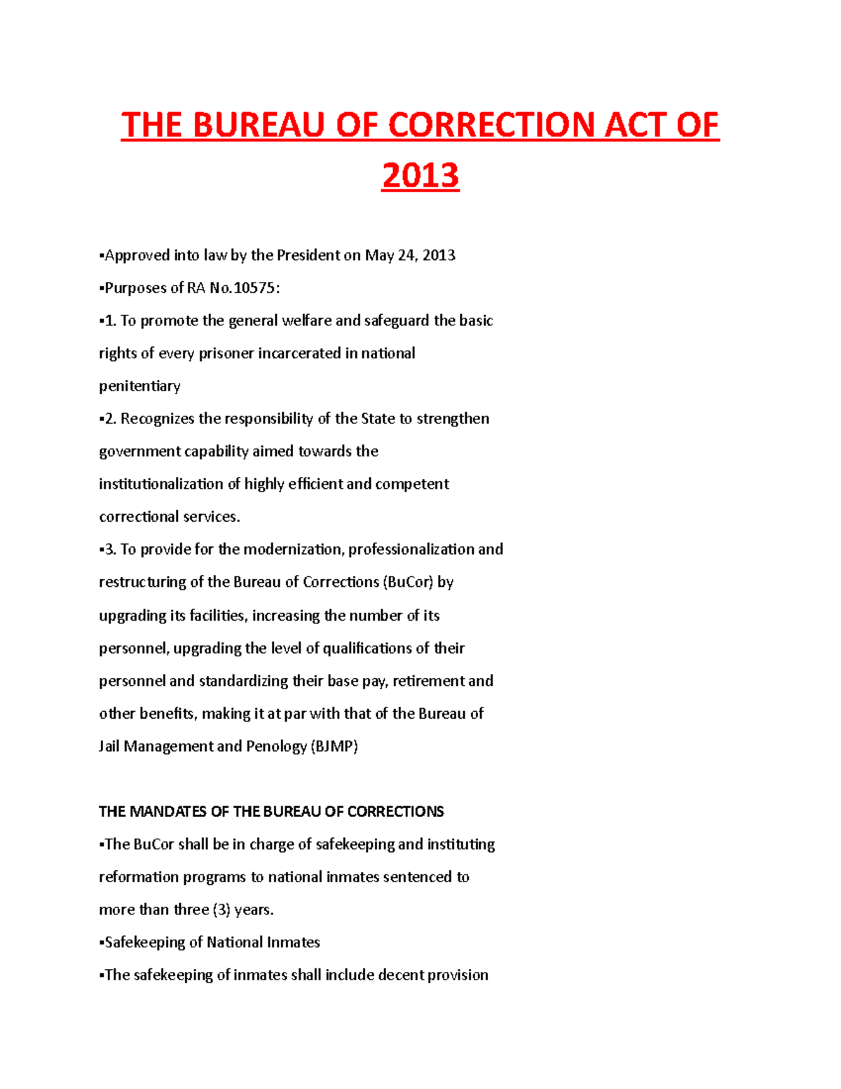 THE Bureau OF Correction ACT OF 2013 - THE BUREAU OF CORRECTION ACT OF ...