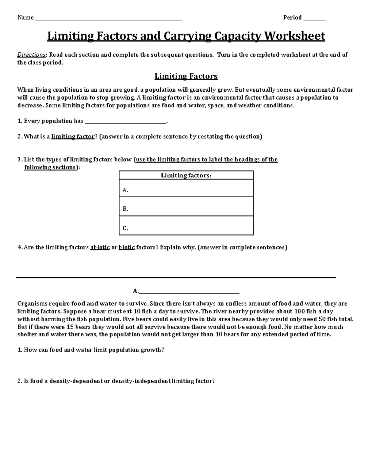 Carrying capacity and limiting factors worksheet - Name - Studocu