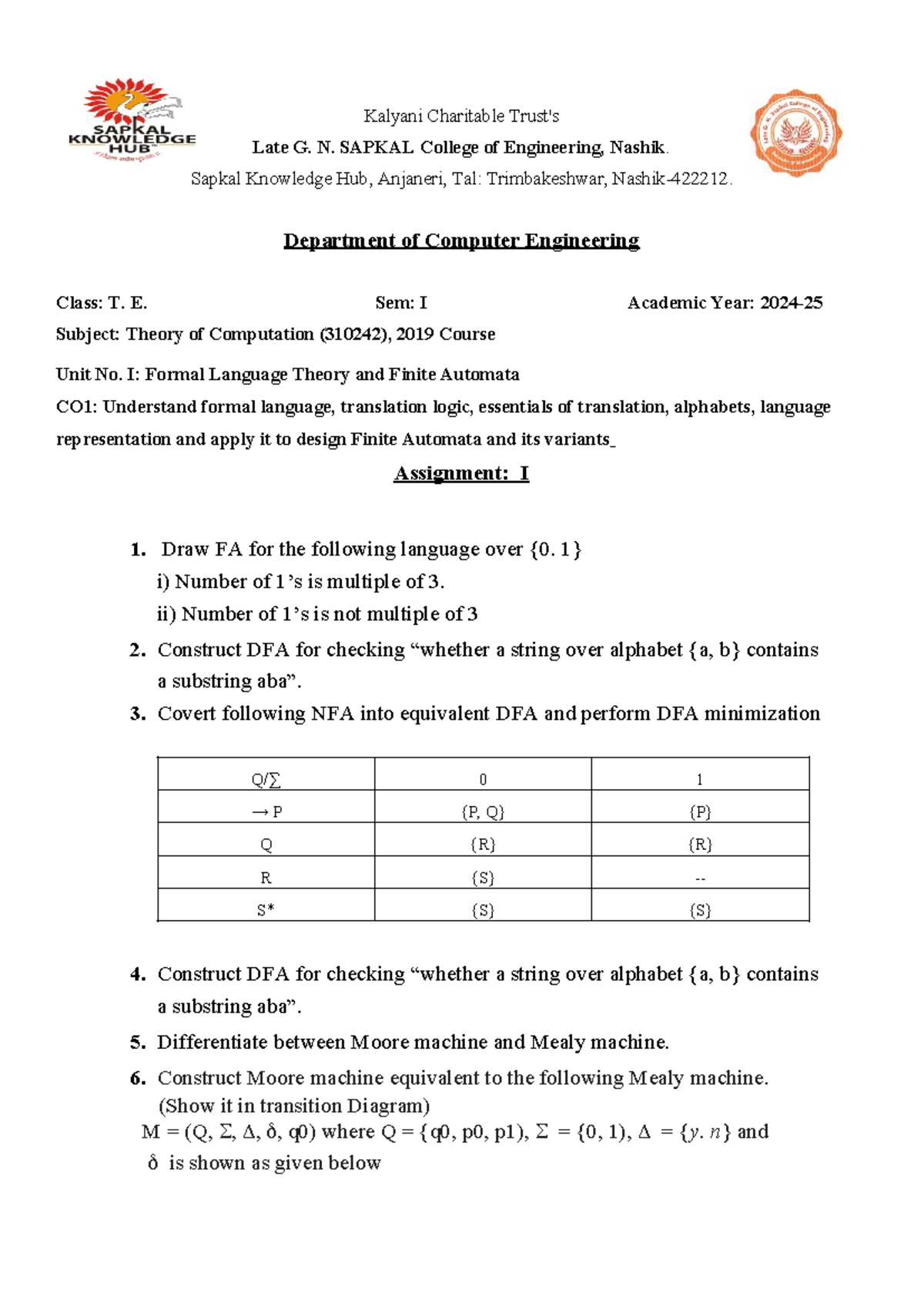 TE TOC Assignment no 1 - Kalyani Charitable Trust's Late G. N. SAPKAL College of Engineering ...