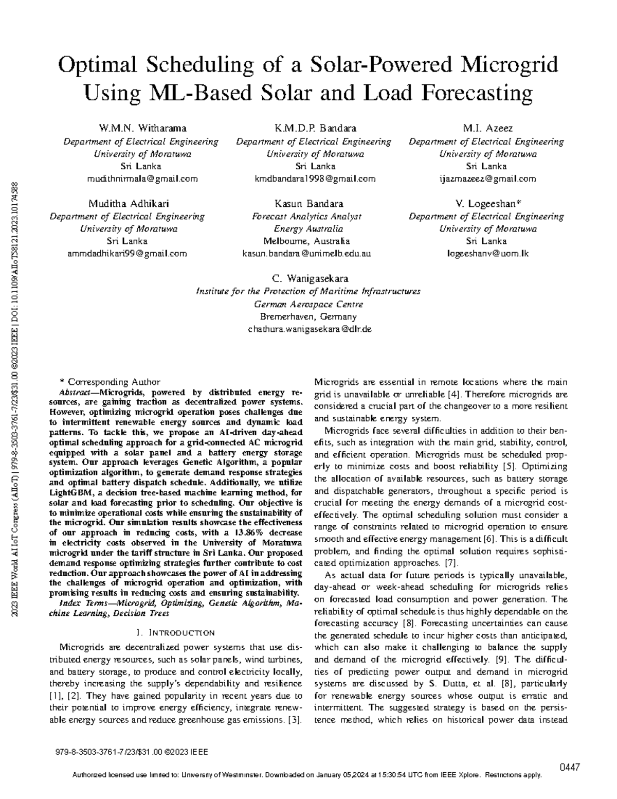 Optimal Scheduling Of A Solar Powered Microgrid Using Ml Based Solar
