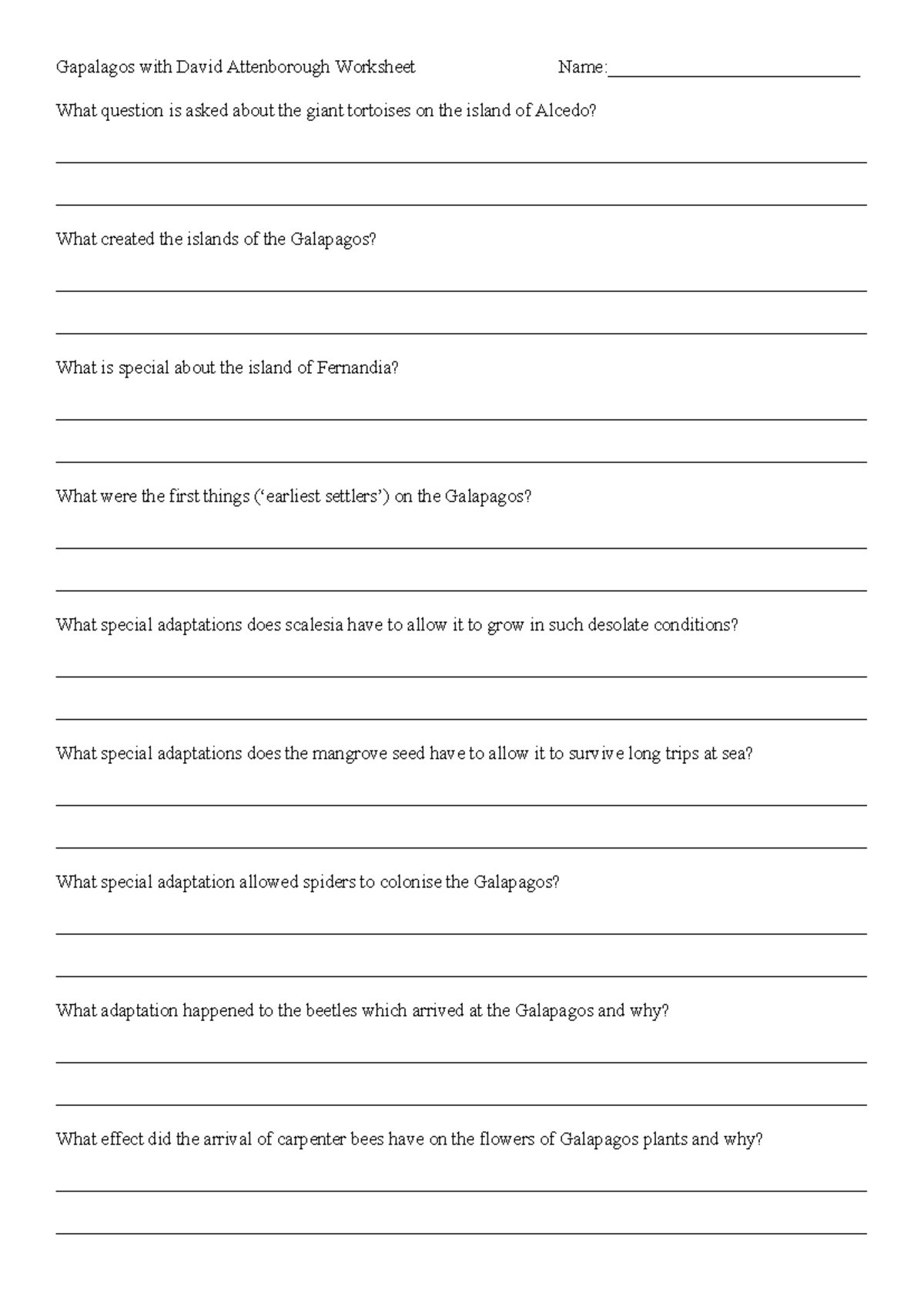 Document 1 - Small notes - Gapalagos with David Attenborough Worksheet ...