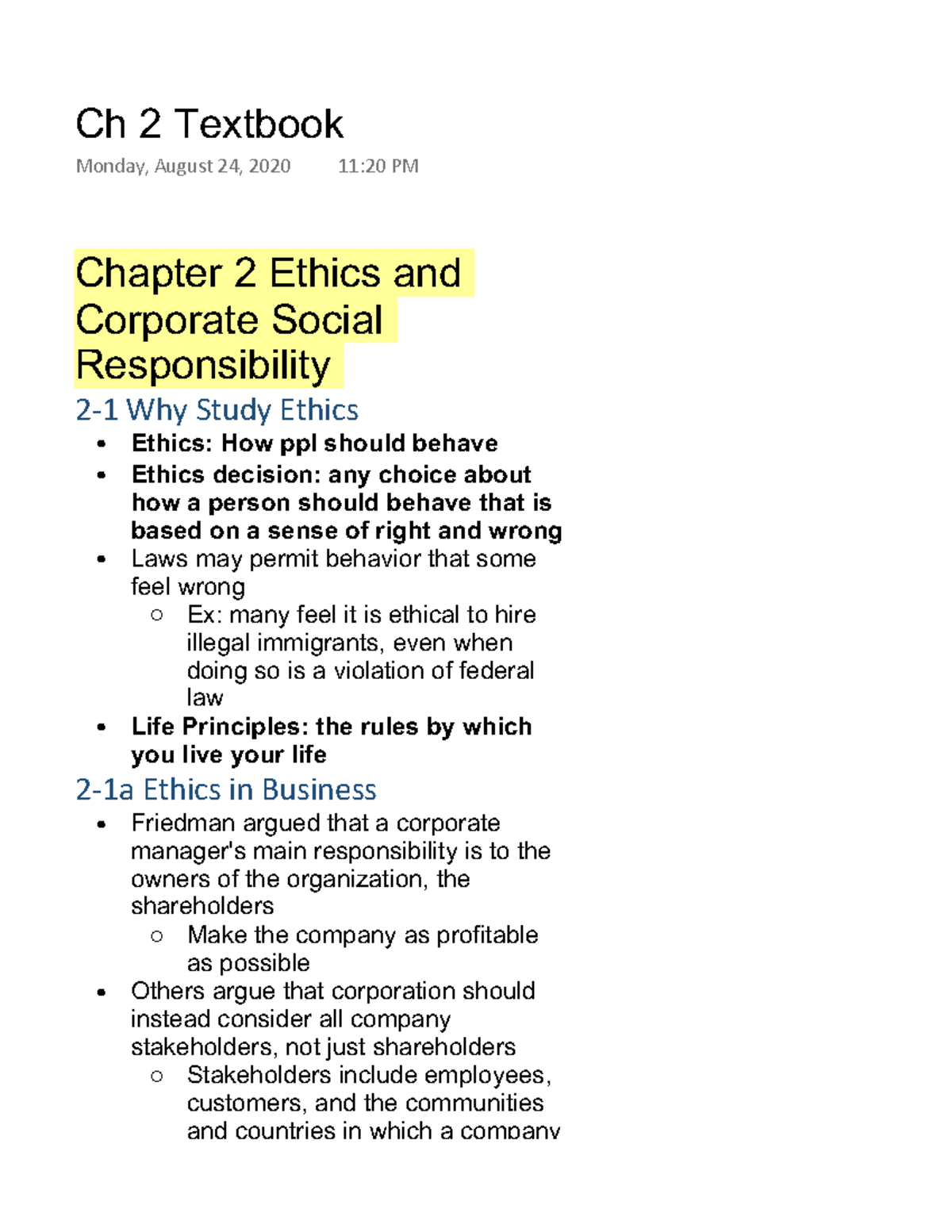 Ch 2 Textbook Notes - Chapter 2 Ethics and Corporate Social ...