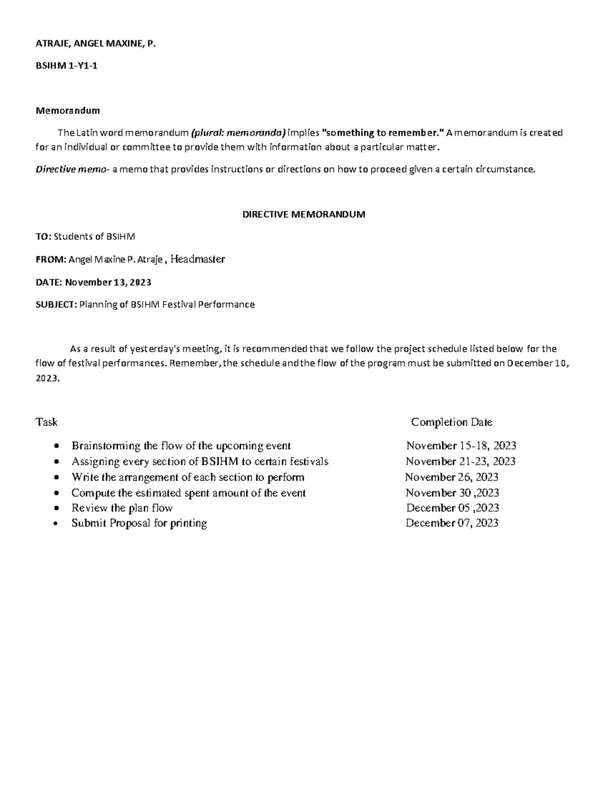 Memorandum- Atraje-ORIG - ATRAJE, ANGEL MAXINE, P. BSIHM 1-Y1- 1 ...