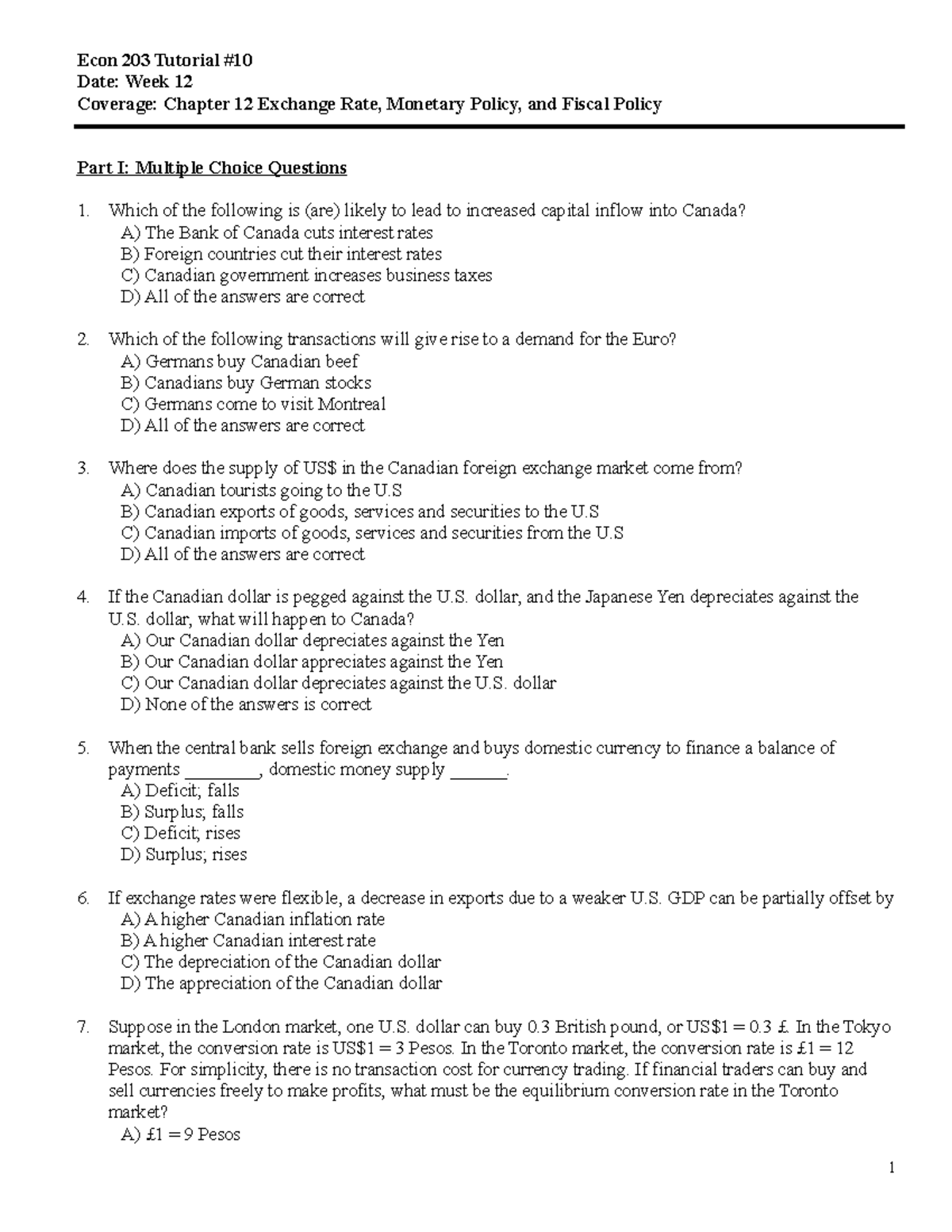 203-tutorial-10 - Tutorial 10 - Econ 203 Tutorial # Date: Week 12 Coverage: Chapter 12 Exchange ...
