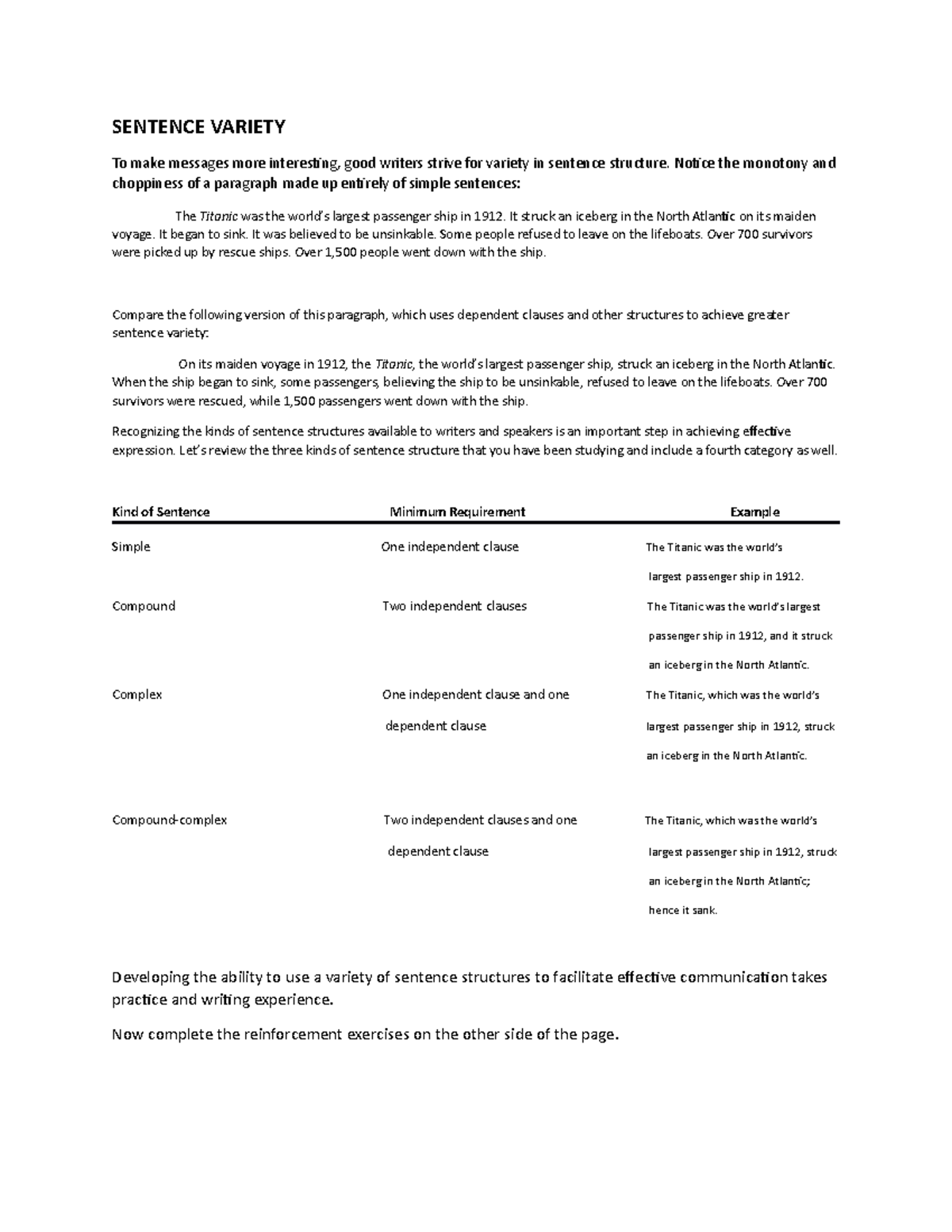 Sentence variety exercise - SENTENCE VARIETY To make messages more ...