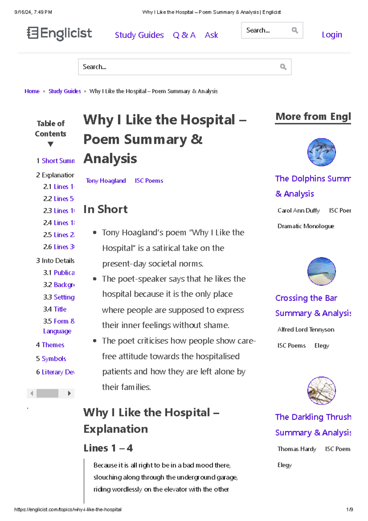 Why I Like the Hospital – Poem Summary & Analysis Englicist - Search ...