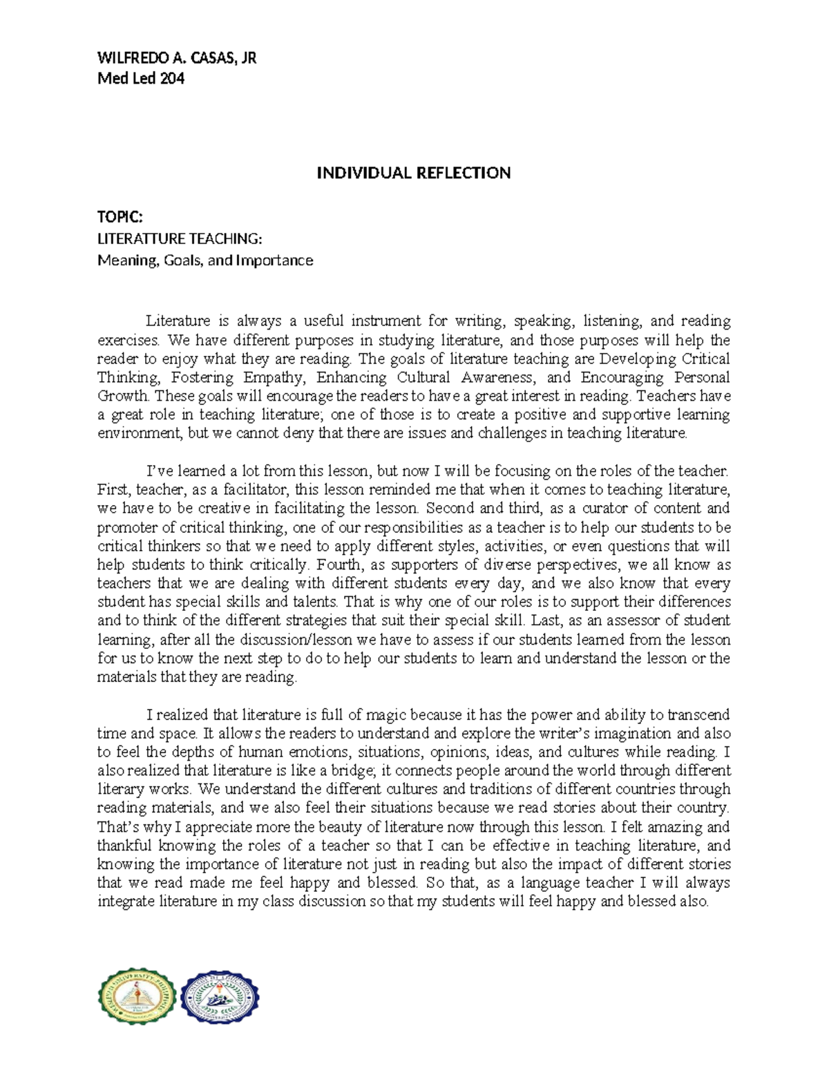 Individual Reflection MEd 204 - WILFREDO A. CASAS, JR Med Led 204 ...