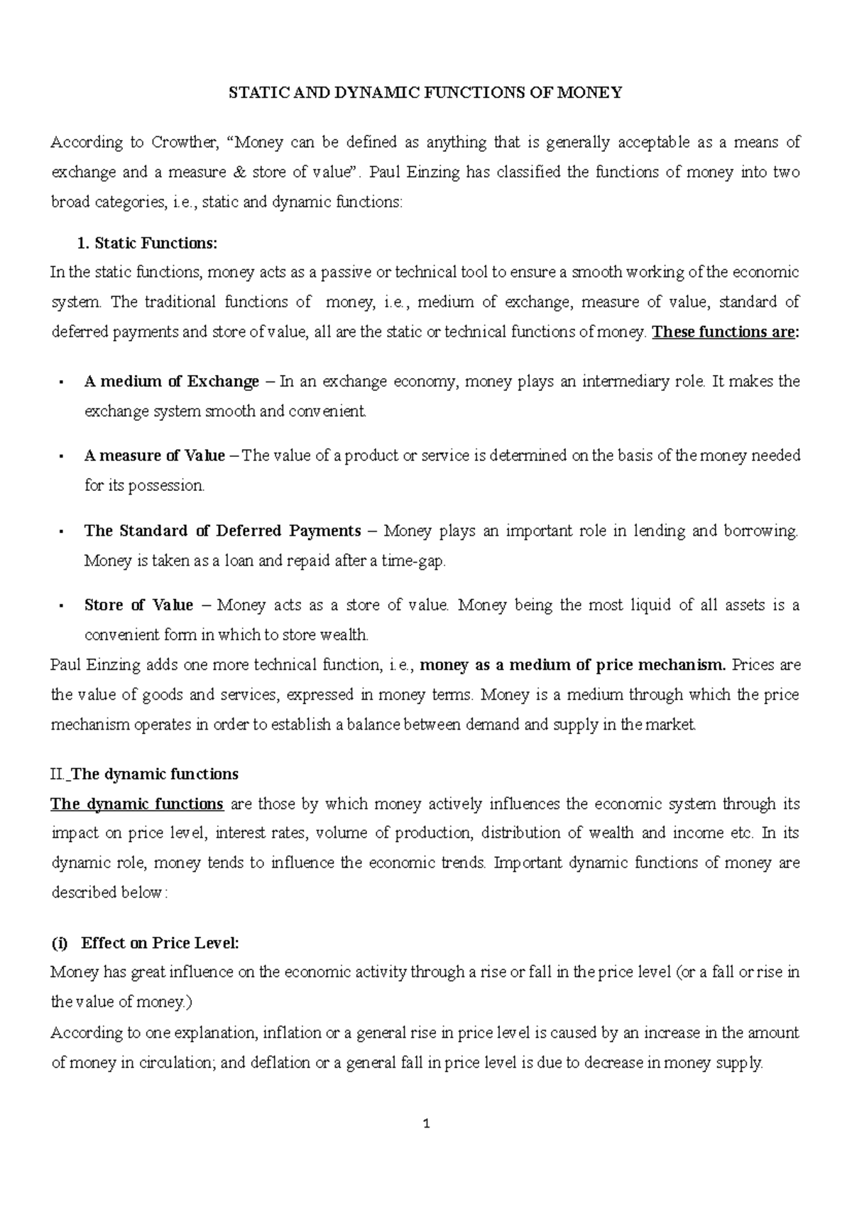 Function of money - It's lecture note - STATIC AND DYNAMIC FUNCTIONS OF ...