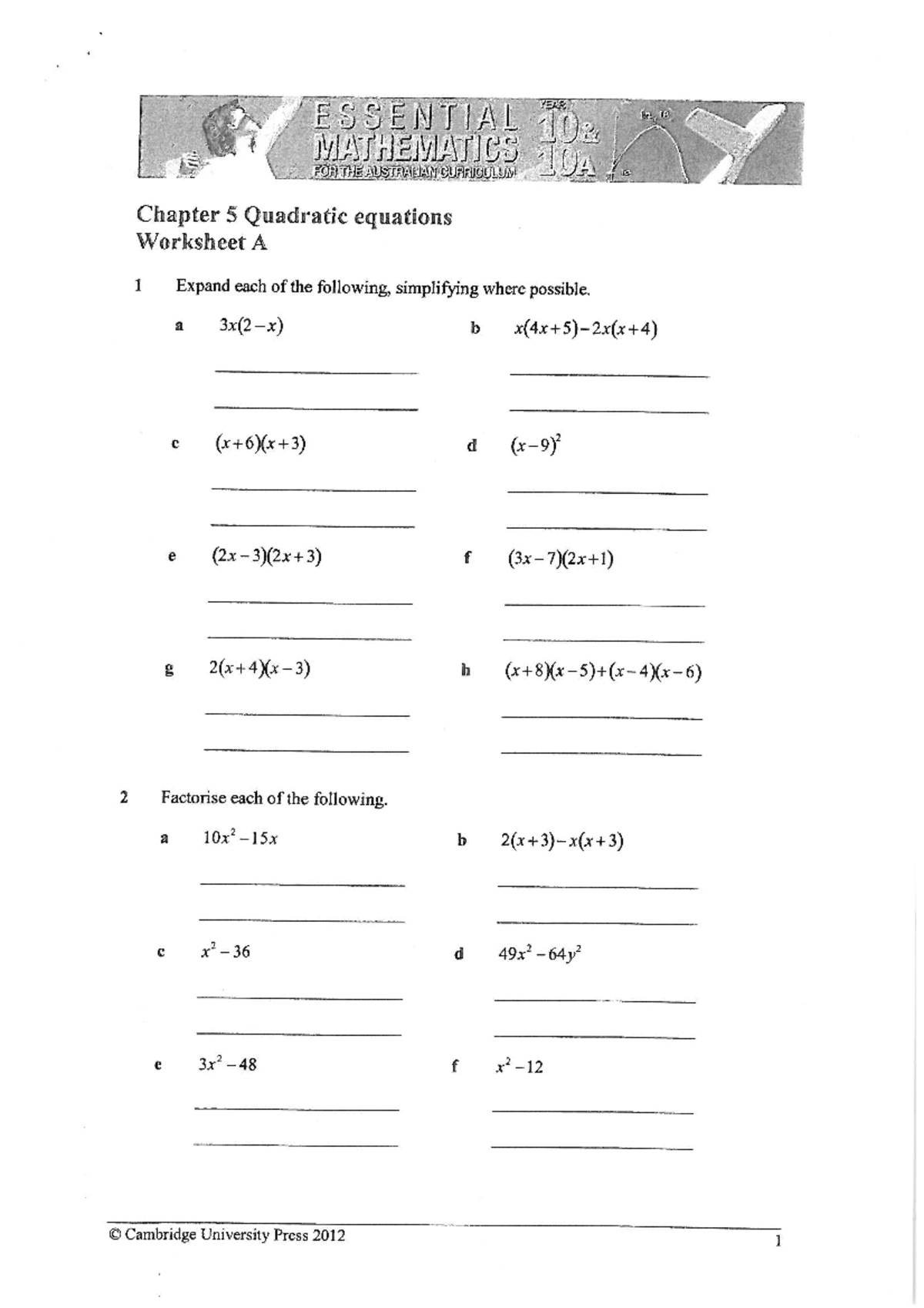 Worksheet 5 - Revision of Quadratic Expressions - ESSENTIAL 10L 18 ...