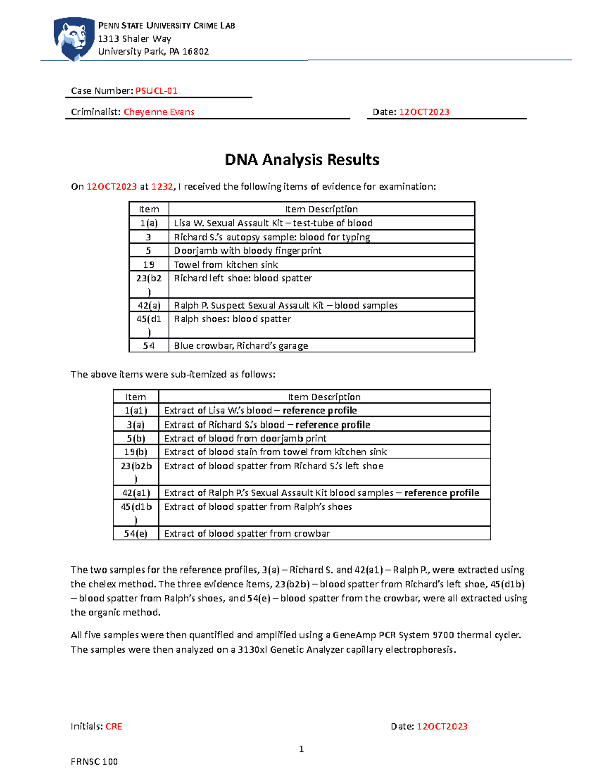 Case Notes - DNA Analysis Results-1 - 1313 Shaler Way University Park ...