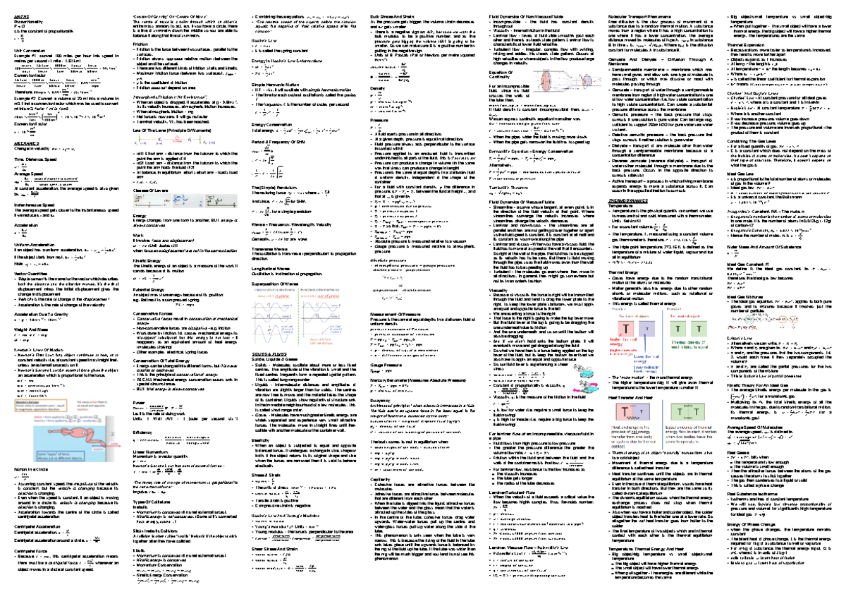 REUPLOAD - PHSI191 Personal Cheat Sheet 2020 - MATHS Proportionality P ∝ Q c is the constant of ...