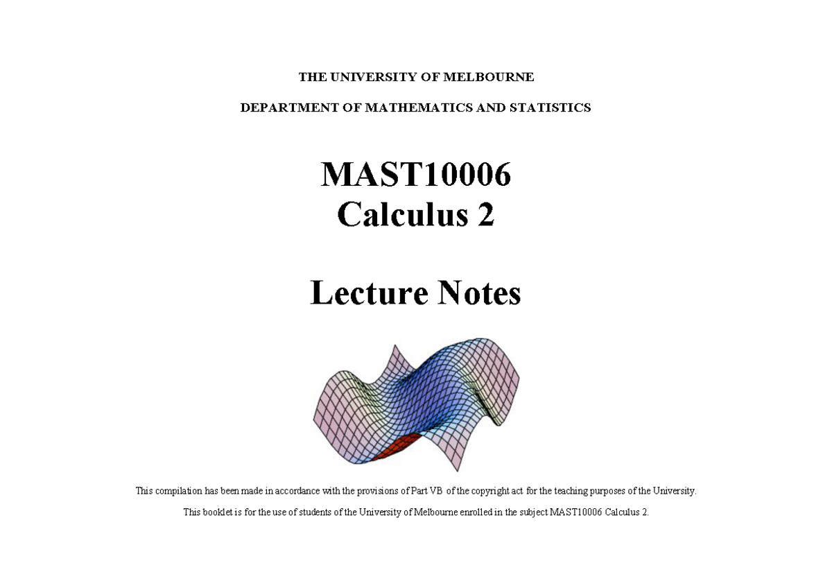 Lecture Notes Sections 1-7.pdf - THE UNIVERSITY OF MELBOURNE DEPARTMENT ...