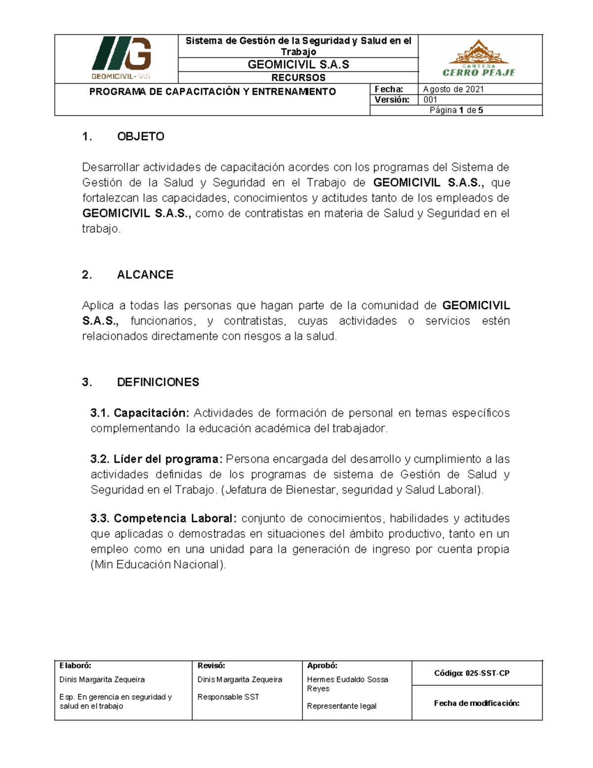 Programa De Capacitación Y Entrenamiento Trabajo Geomicivil S A