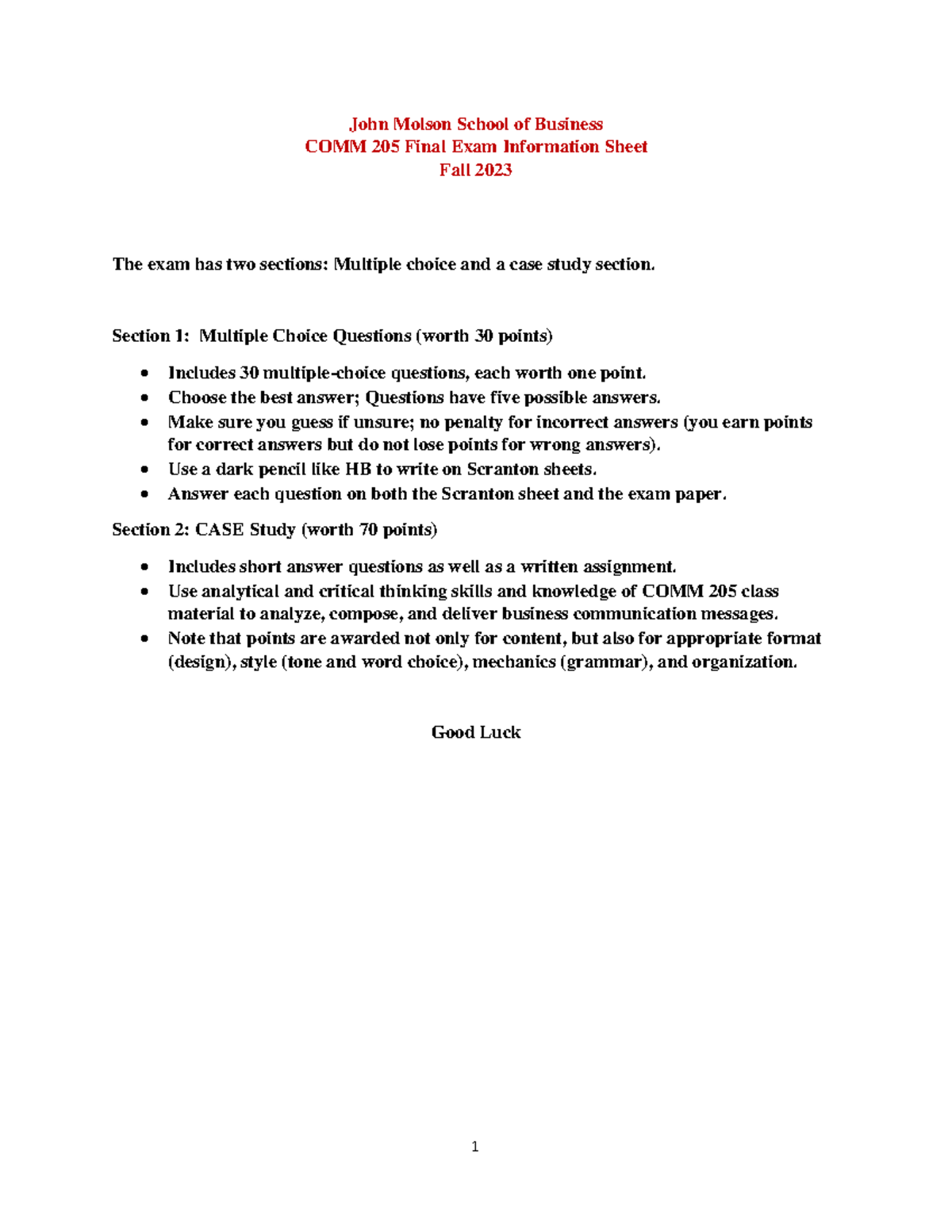 Exam Information Sheet Fall 2023 - Section 1: Multiple Choice Questions ...