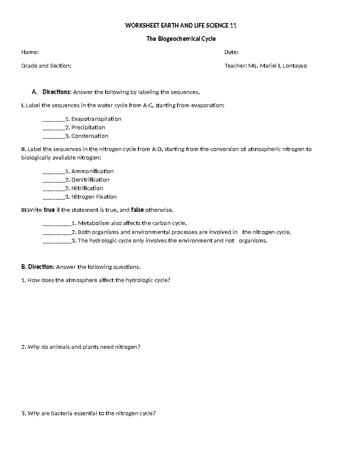 Grade-11-asychronous - WORKSHEET EARTH AND LIFE SCIENCE 11 The ...