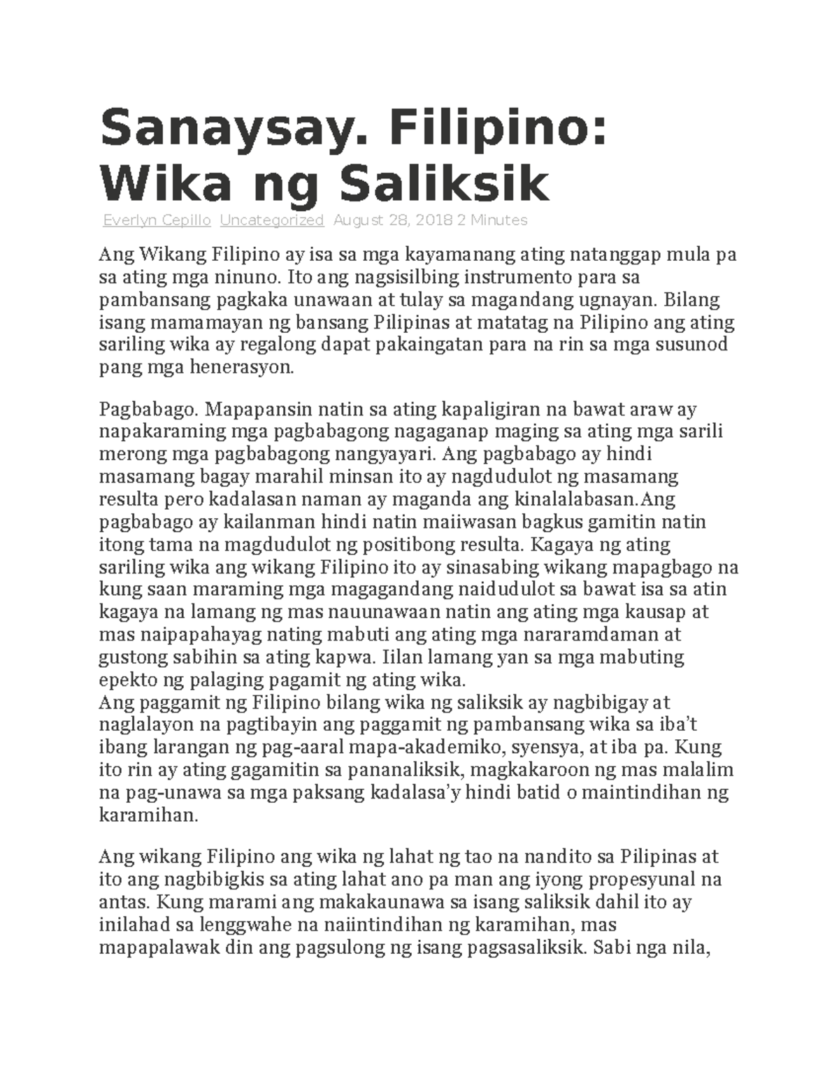 Sanaysay - Filipino - Sanaysay. Filipino: Wika ng Saliksik Everlyn ...