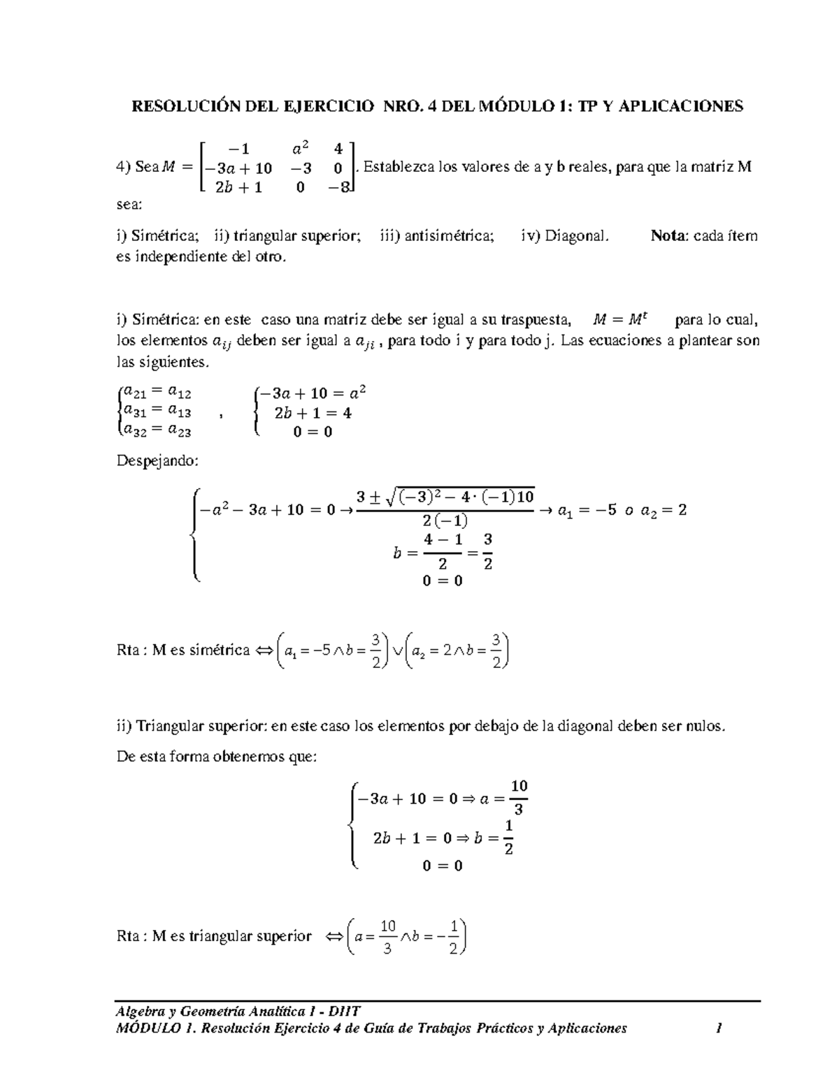 Resolucion Ejercicio 4 Modulo 1 - Algebra y Geometría Analítica I - DIIT MÓDULO 1. Resolución ...