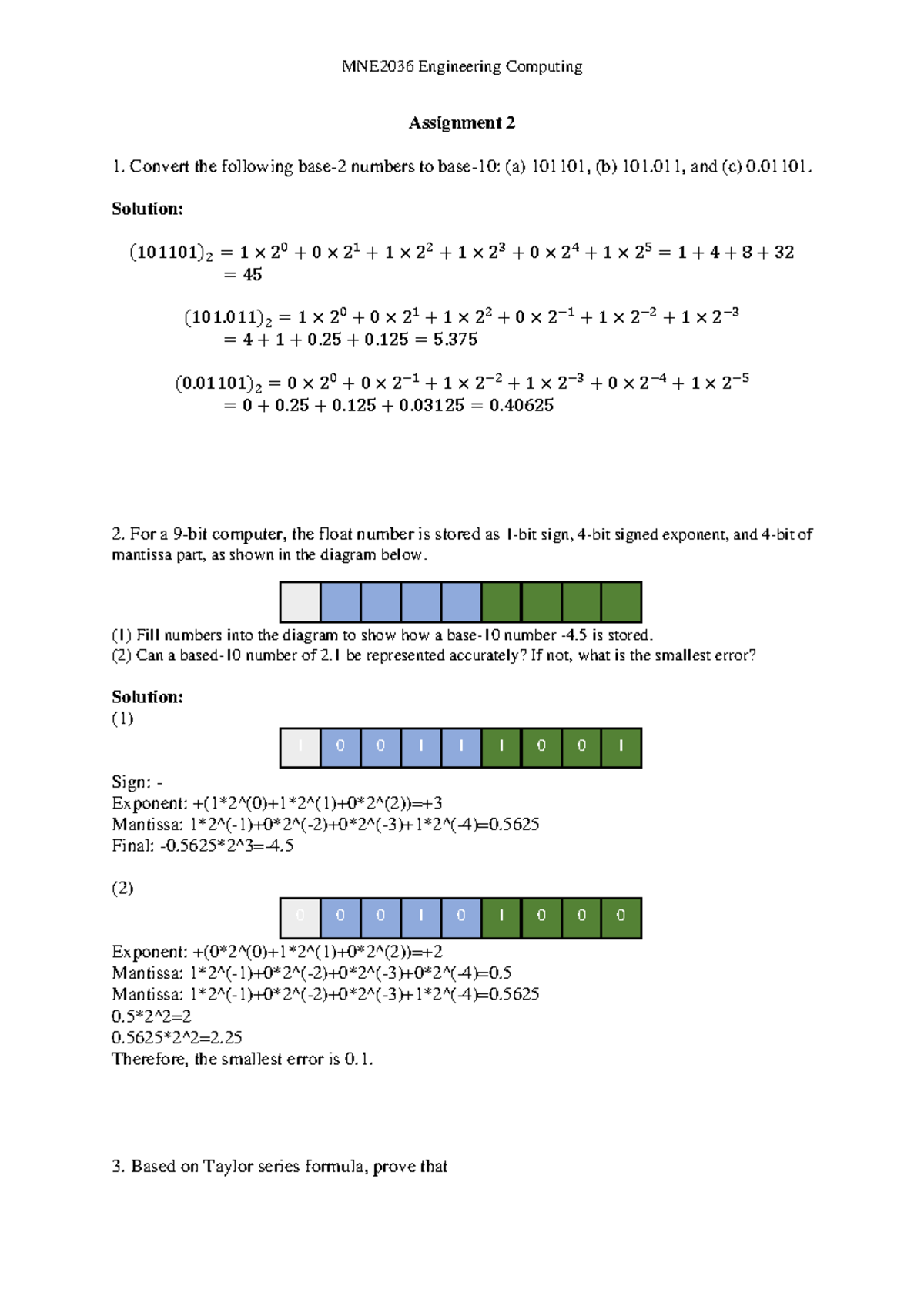 Assignment 2-solution - Convert the following base-2 numbers to base-10: (a) 101101, (b) 101 ...