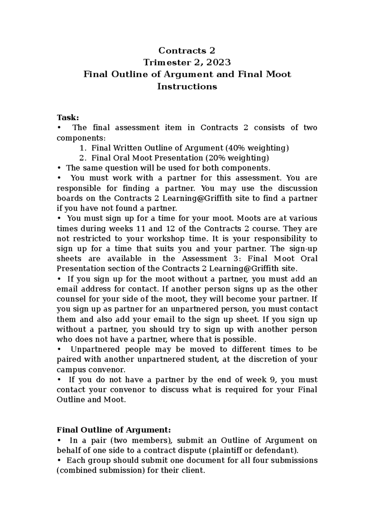 Final Outline of Argument and Moot Instructions 2023 - Contracts 2 ...