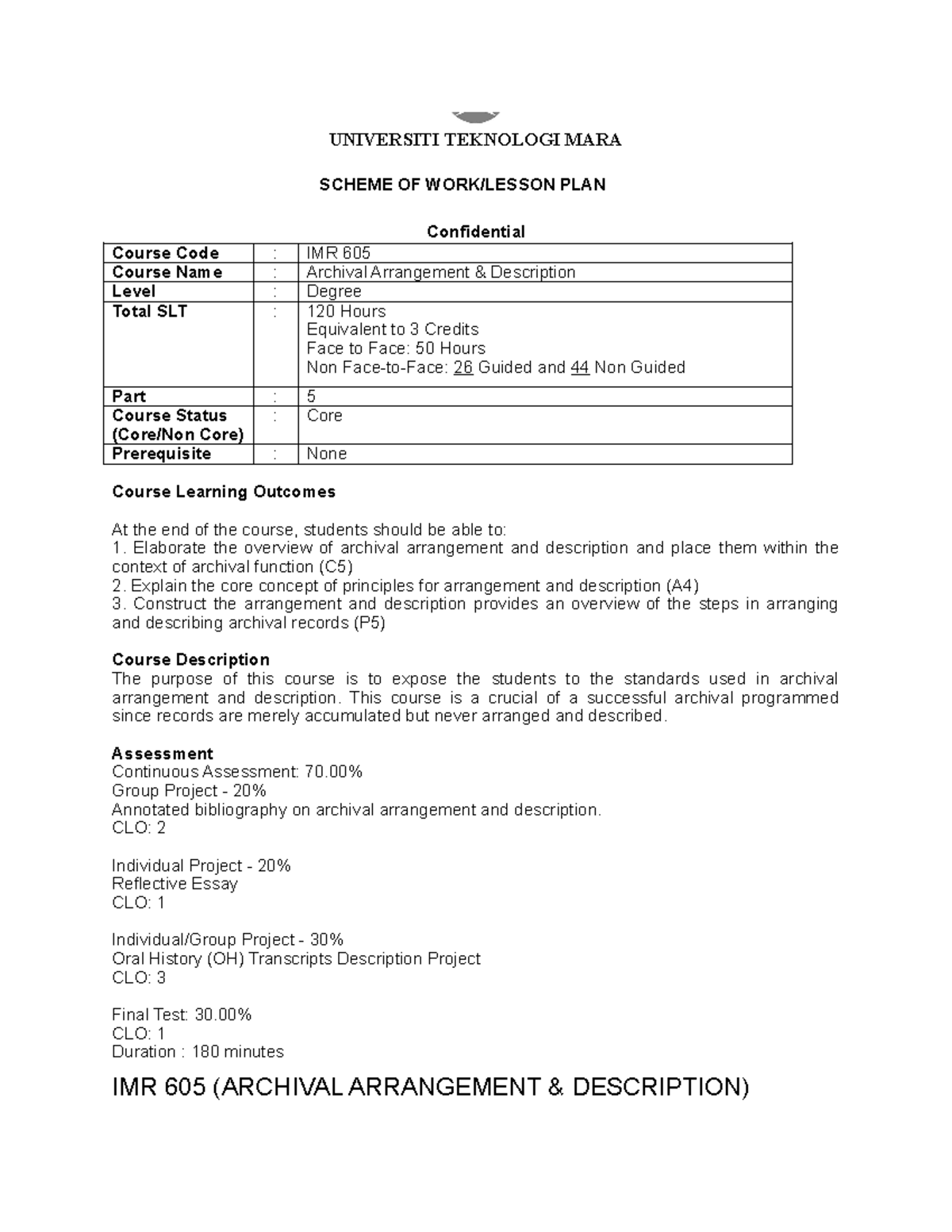 Scheme of Work Assessment Lesson Plan IMR605 Oct 2023 - Feb 2024 ...