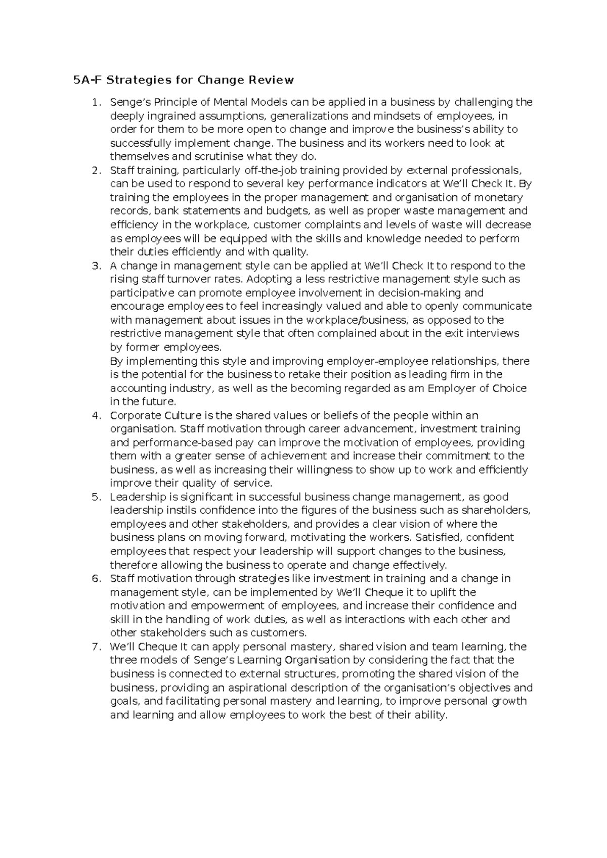 5A-F Strategies for Change Review Q1-7 - Senge’s Principle of Mental ...