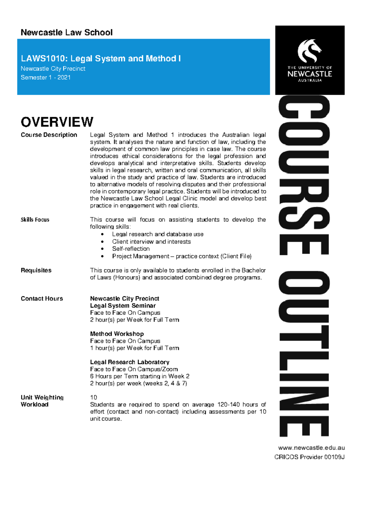 Legal System and Method - Course Outline - Newcastle Law School ...