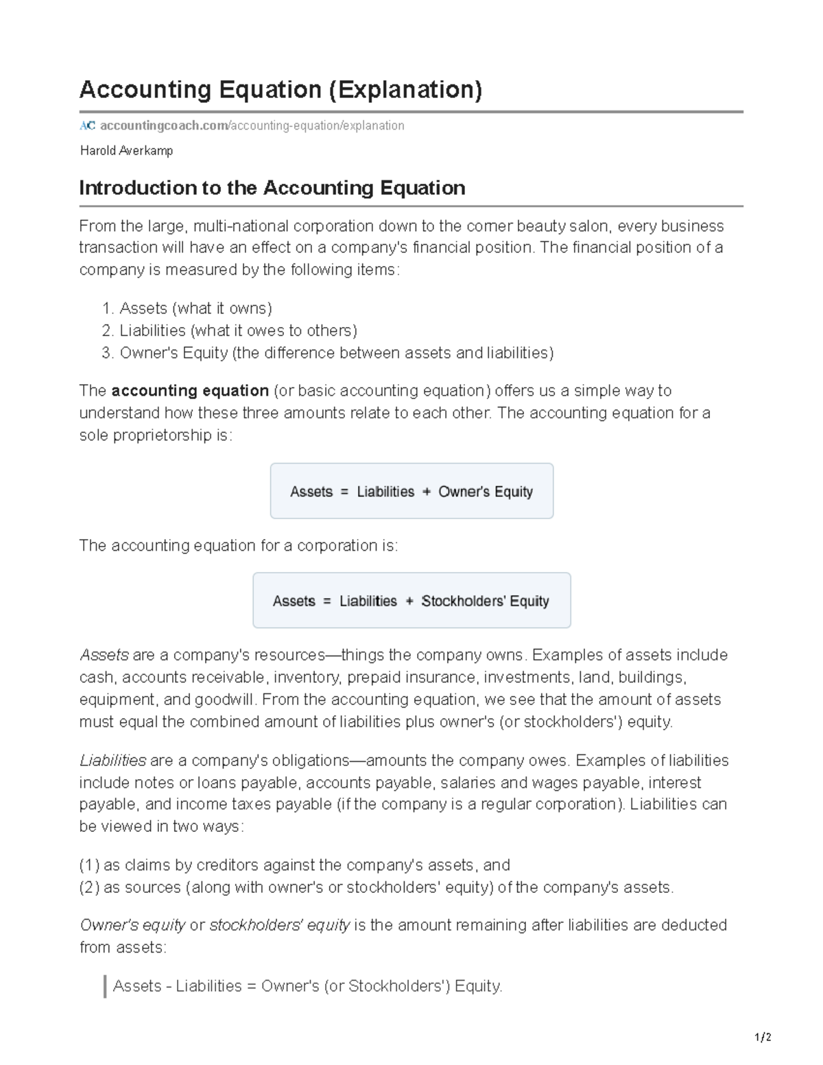 Accounting 101 - Defining and Explaining Accounting Equation - 1 ...