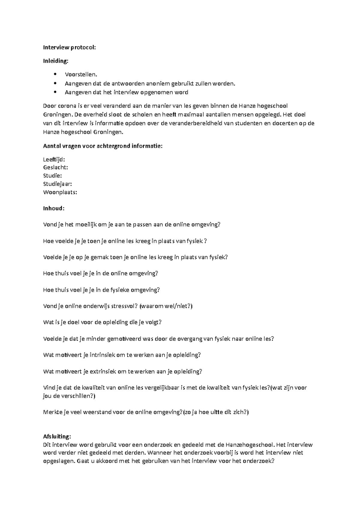 Interview protocol - Interview protocol: Inleiding: Voorstellen ...