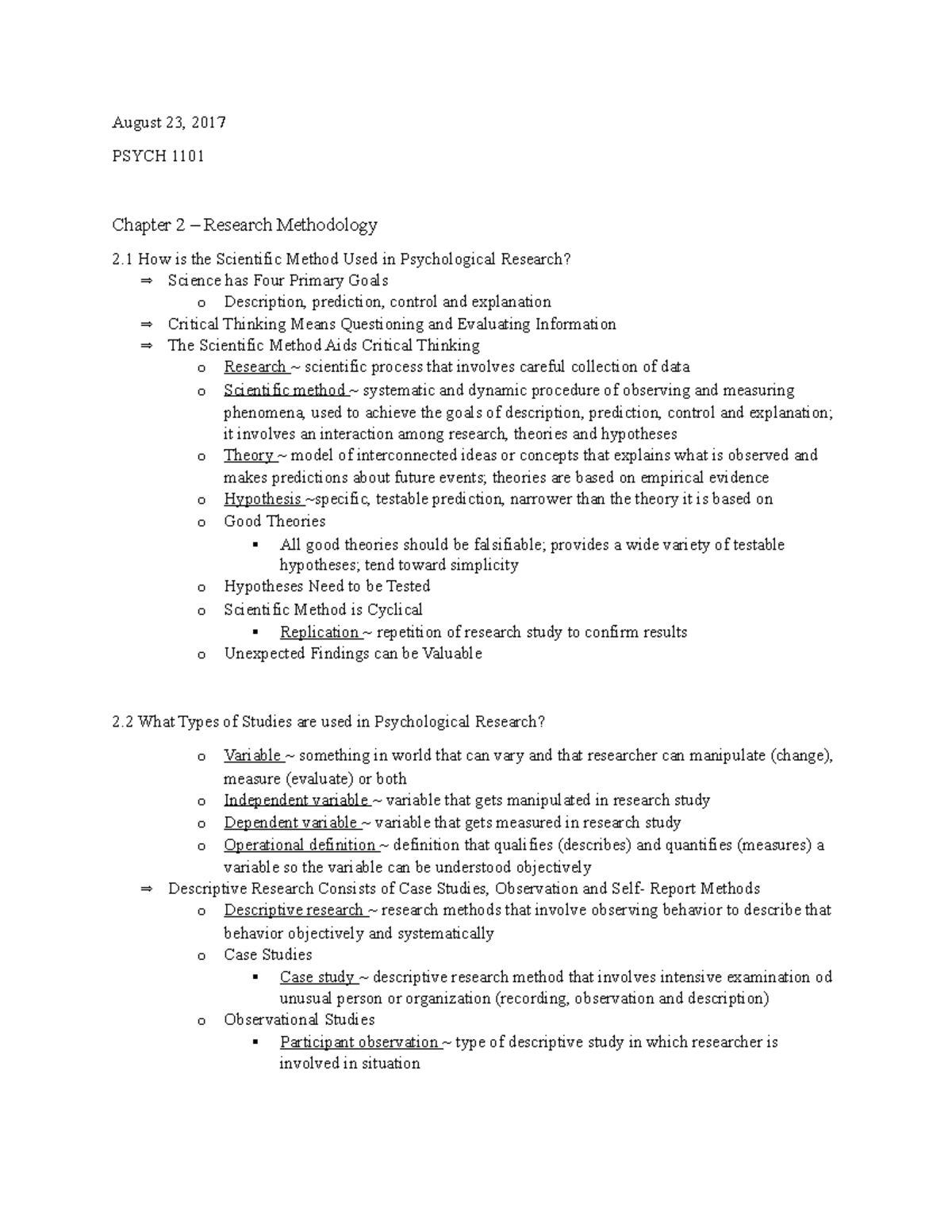Chapter 2 - Research Methodology - August 23, 2017 PSYCH 1101 Chapter 2 ...