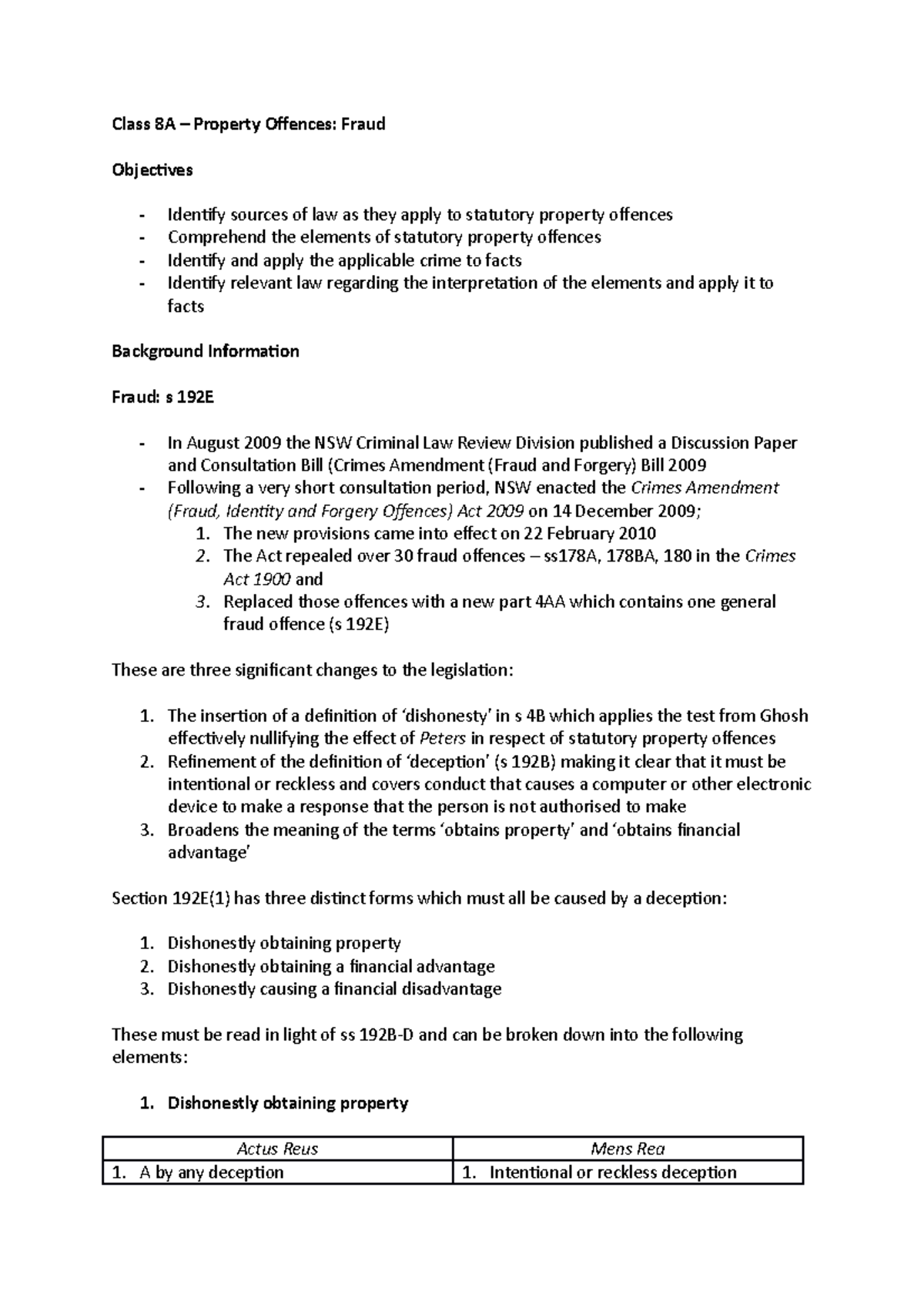 Criminal Law Reading - Tutorial Week 8 - Class 8A – Property Offences ...