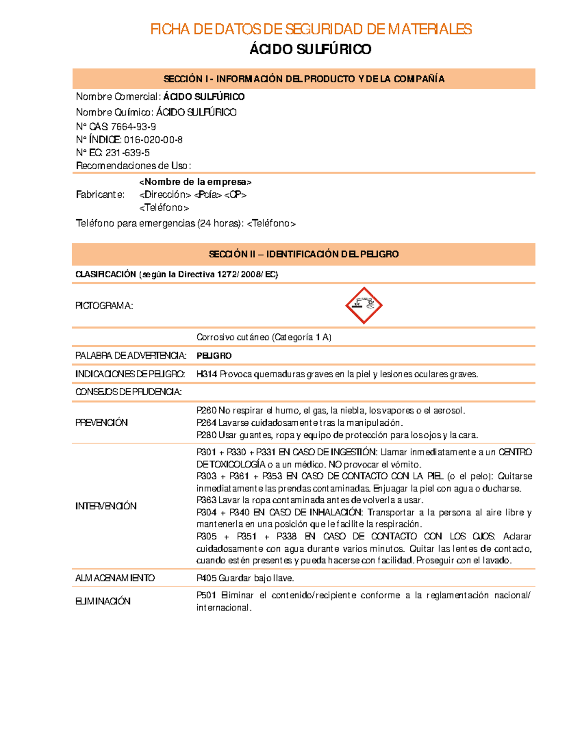 Ficha de seguridad del ácido sulfúrico - FICHA DE DATOS DE SEGURIDAD DE ...