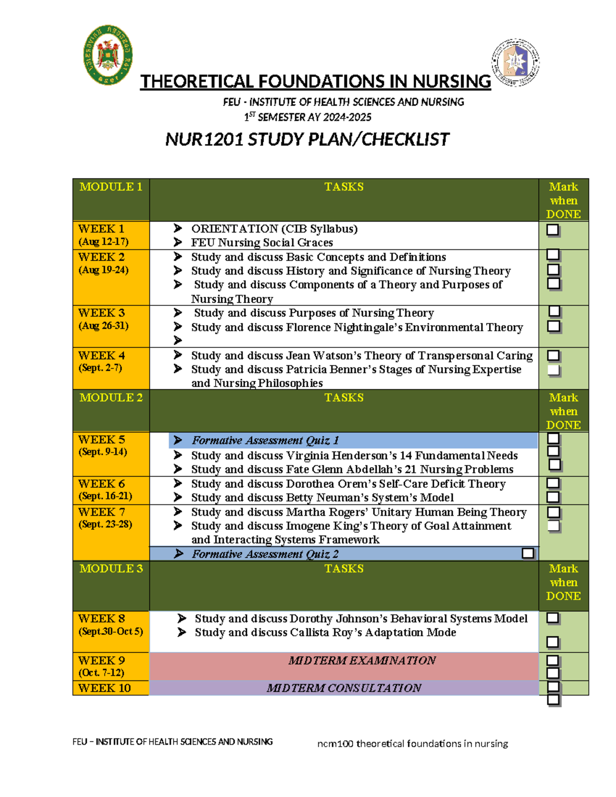 3 TFN Study Plan - free course - THEORETICAL FOUNDATIONS IN NURSING FEU ...